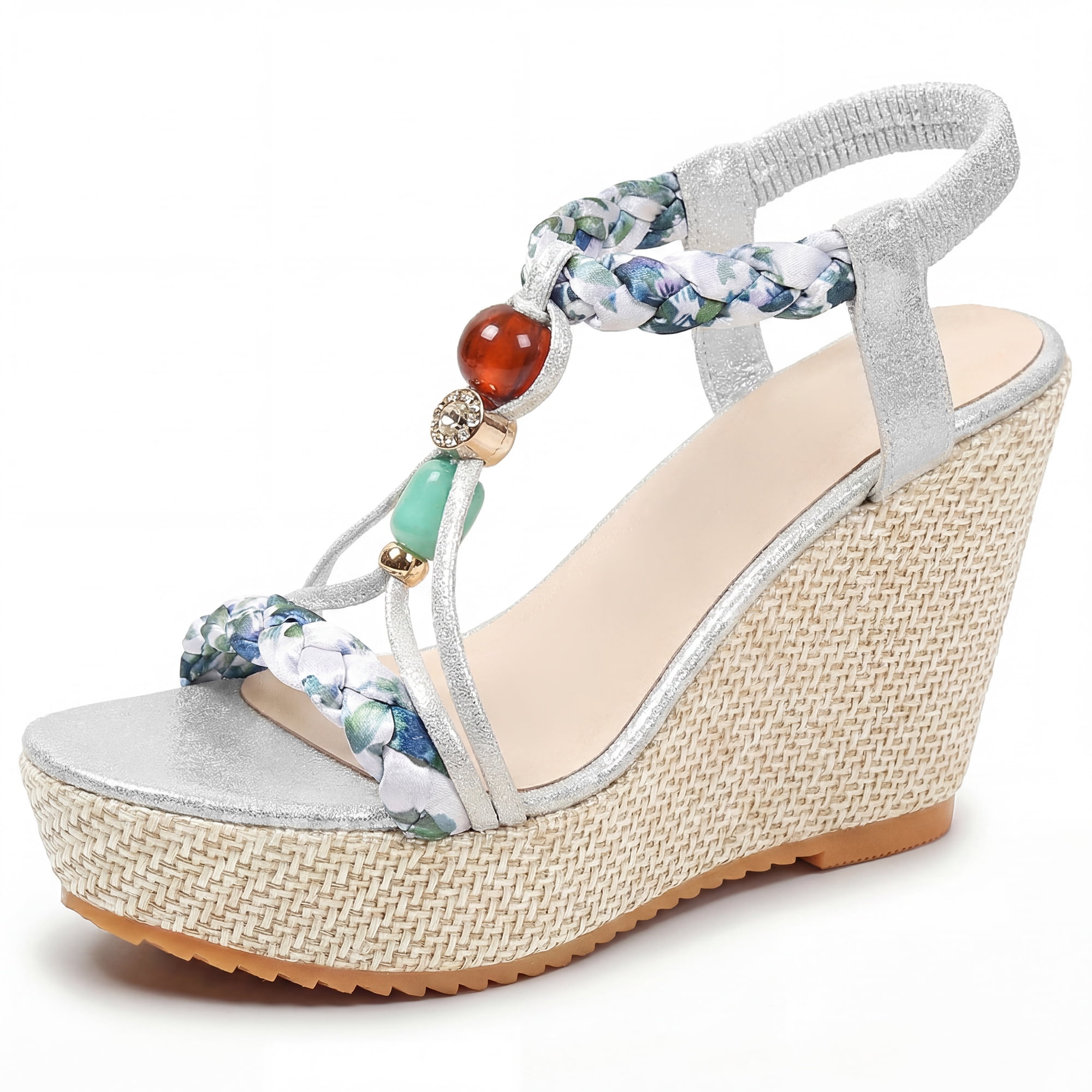 BLISSFUL STEP Women's Beaded T-strap Platform Elastic Peep-toe Sandals ...