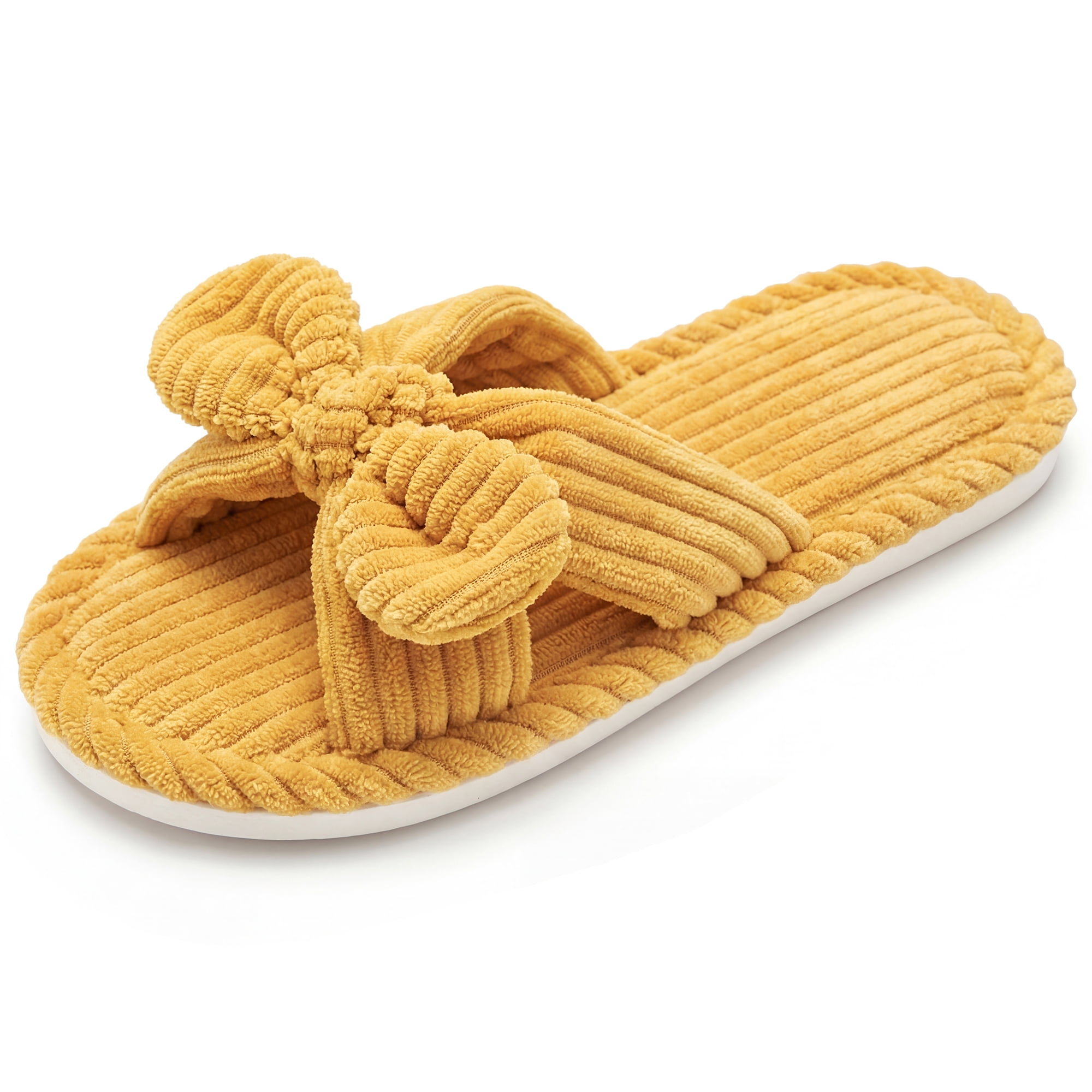 BLISSFUL STEP Women's Cozy Soft Bow Open Toe Corduroy Crossbands ...