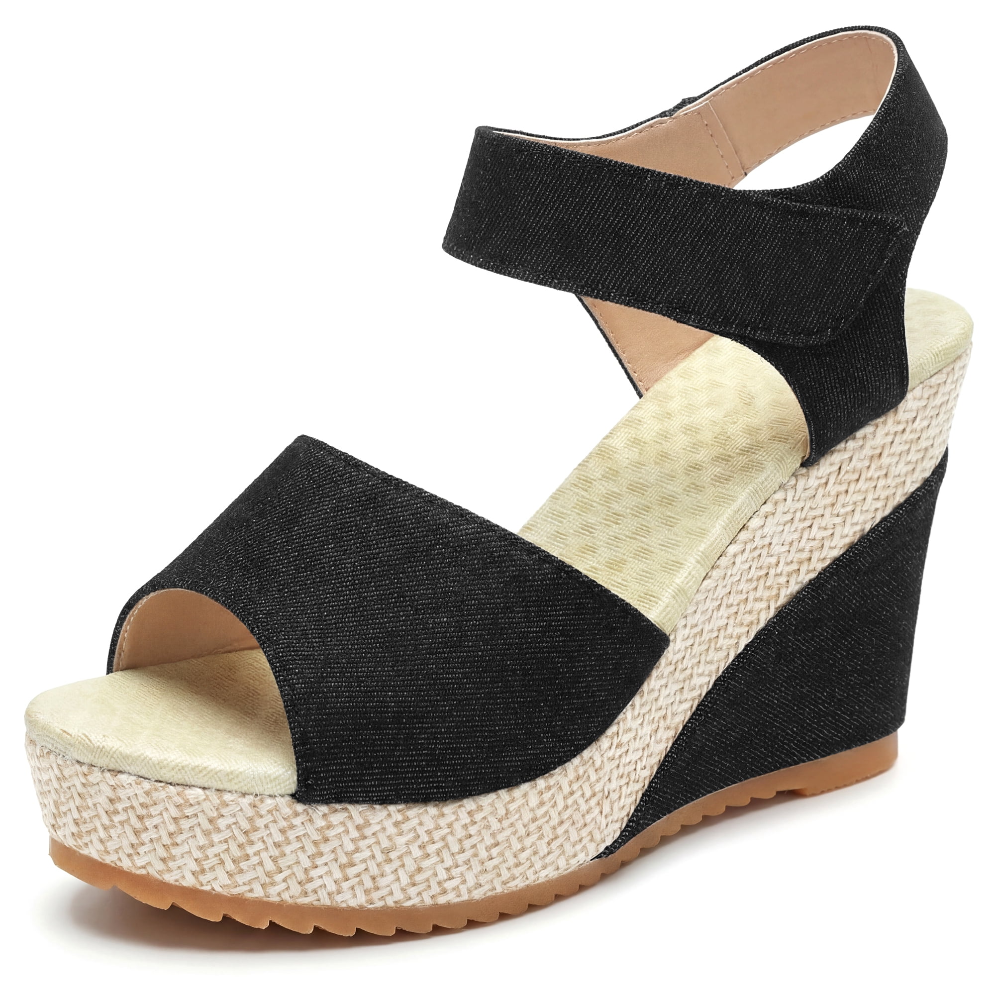 BLISSFUL STEP Women's Denim Platform Hook Loop Peep-toe Sandals Black 8 ...