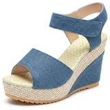 BLISSFUL STEP Women's Denim Platform Hook Loop Peep-toe Sandals Blue 7. ...