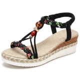 BLISSFUL STEP Women's Plaid Beaded Platform Elastic Band Sandals Black ...