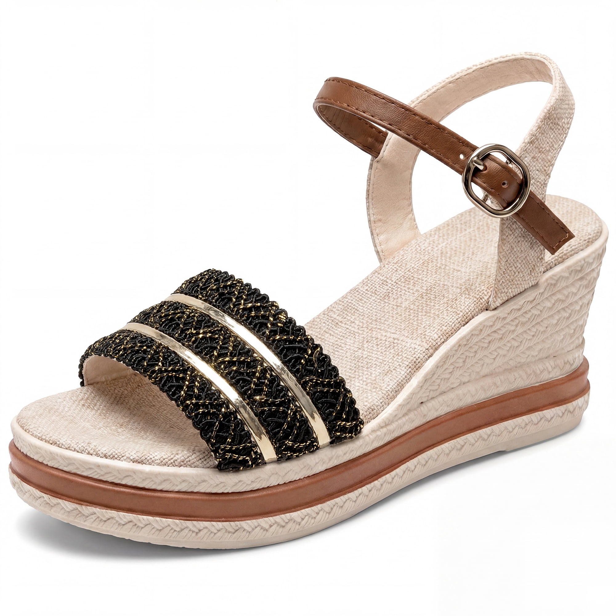 BLISSFUL STEP Women's Plaid Buckle Platform Peep-toe Sandals Black 5 ...
