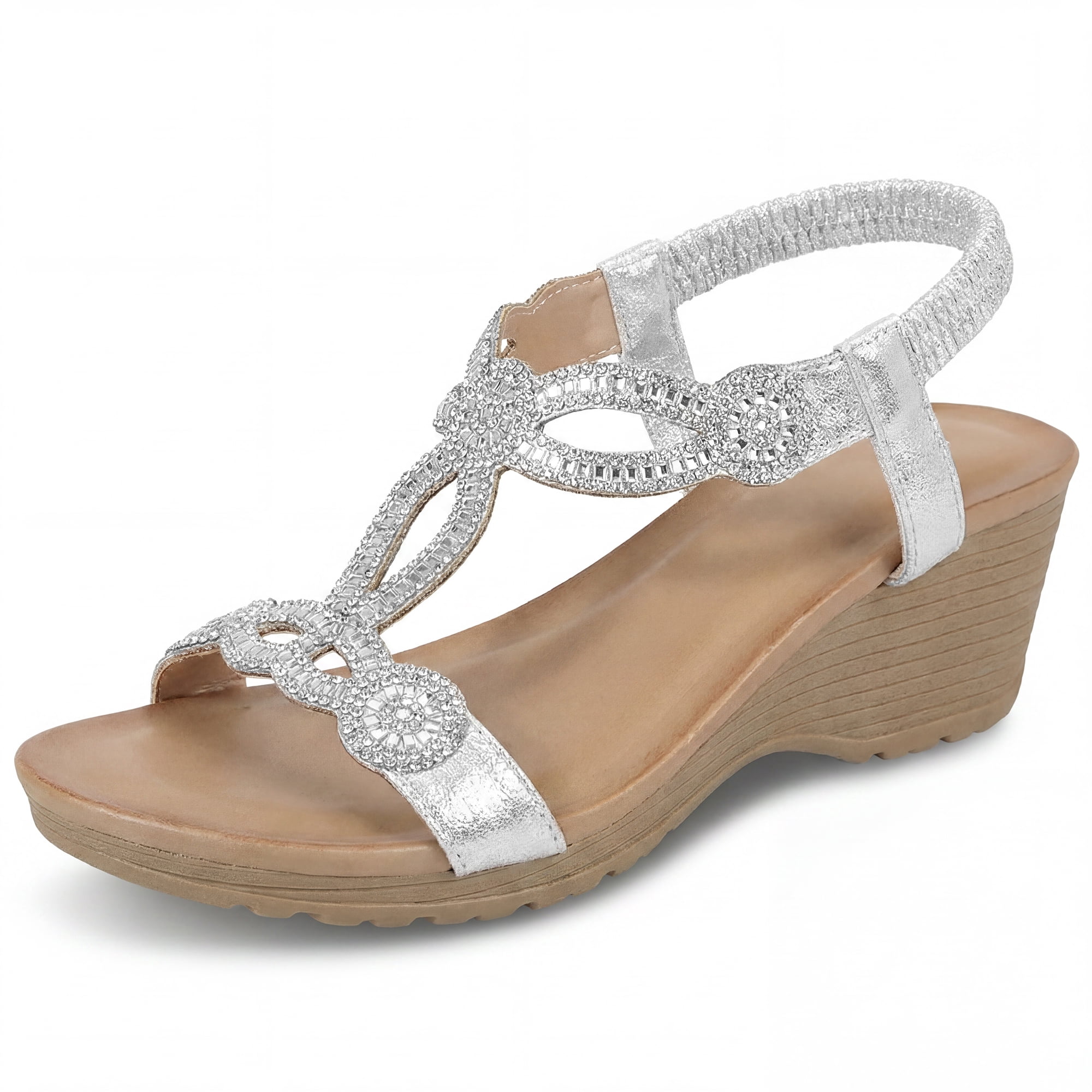 BLISSFUL STEP Women's Rhinestone Elastic Band Glitter Fabric Platform ...