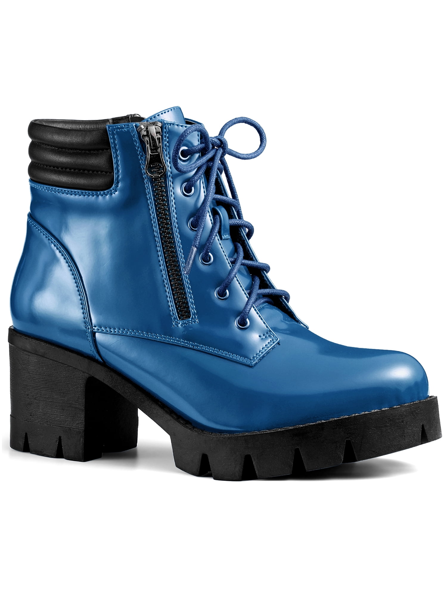 BLISSFUL STEP Women's Boot Rounded Toe Side Zip Combat Block Heel Ankle ...