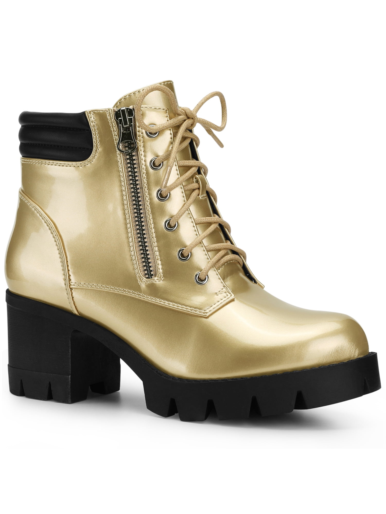 BLISSFUL STEP Women's Boot Rounded Toe Side Zip Combat Block Heel Ankle ...