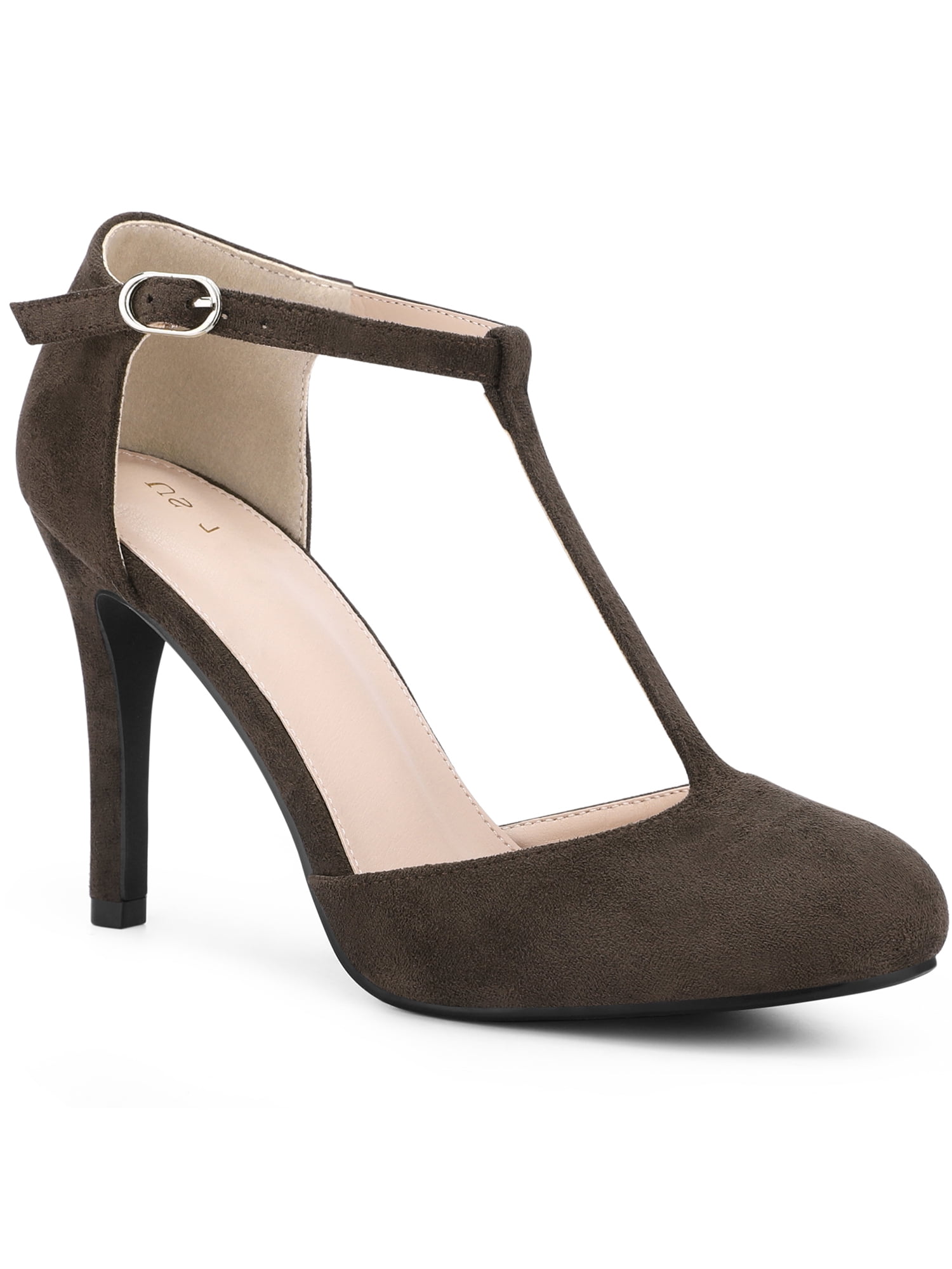 BLISSFUL STEP Women's Shoes Round Toe Stiletto Heel T-Strap Sandals ...