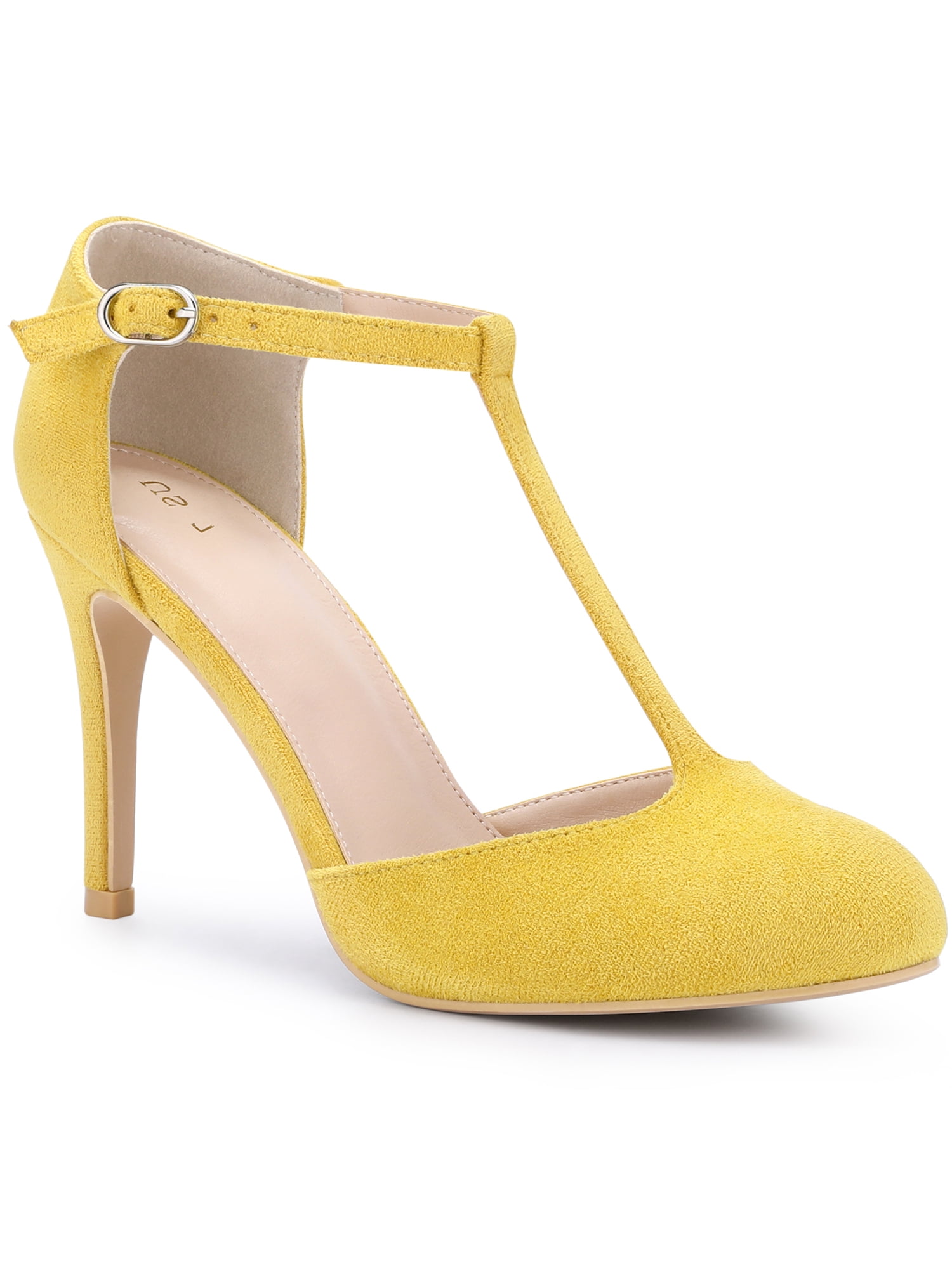 BLISSFUL STEP Women's Shoes Round Toe Stiletto Heel T-Strap Sandals ...