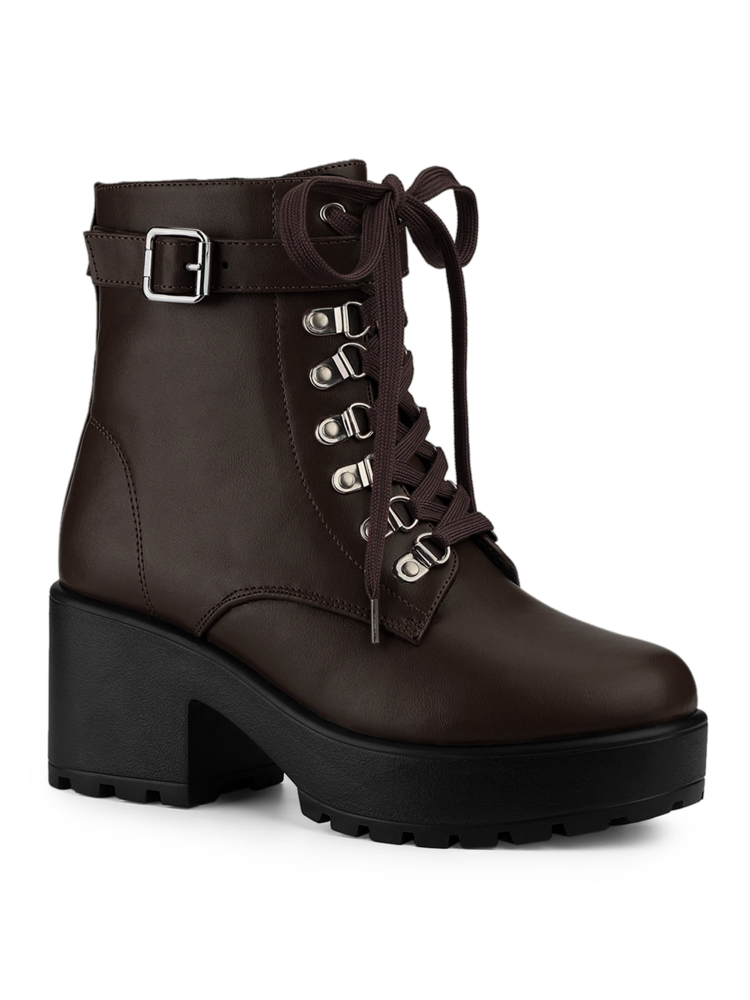 BLISSFUL STEP Women's Zip Block Heel Platform Ankle Combat Boots Dark ...