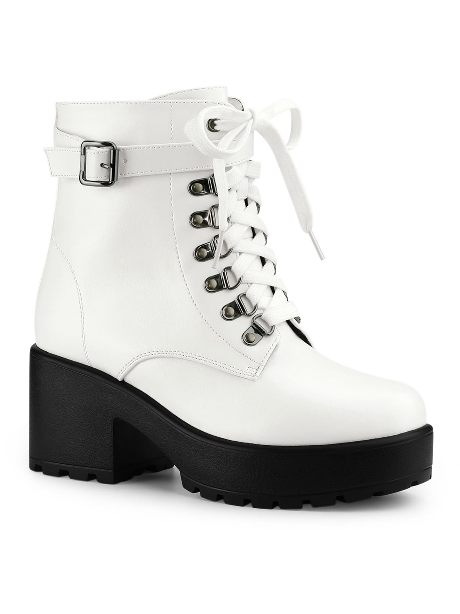 BLISSFUL STEP Women's Zip Block Heel Platform Ankle Combat Boots White ...