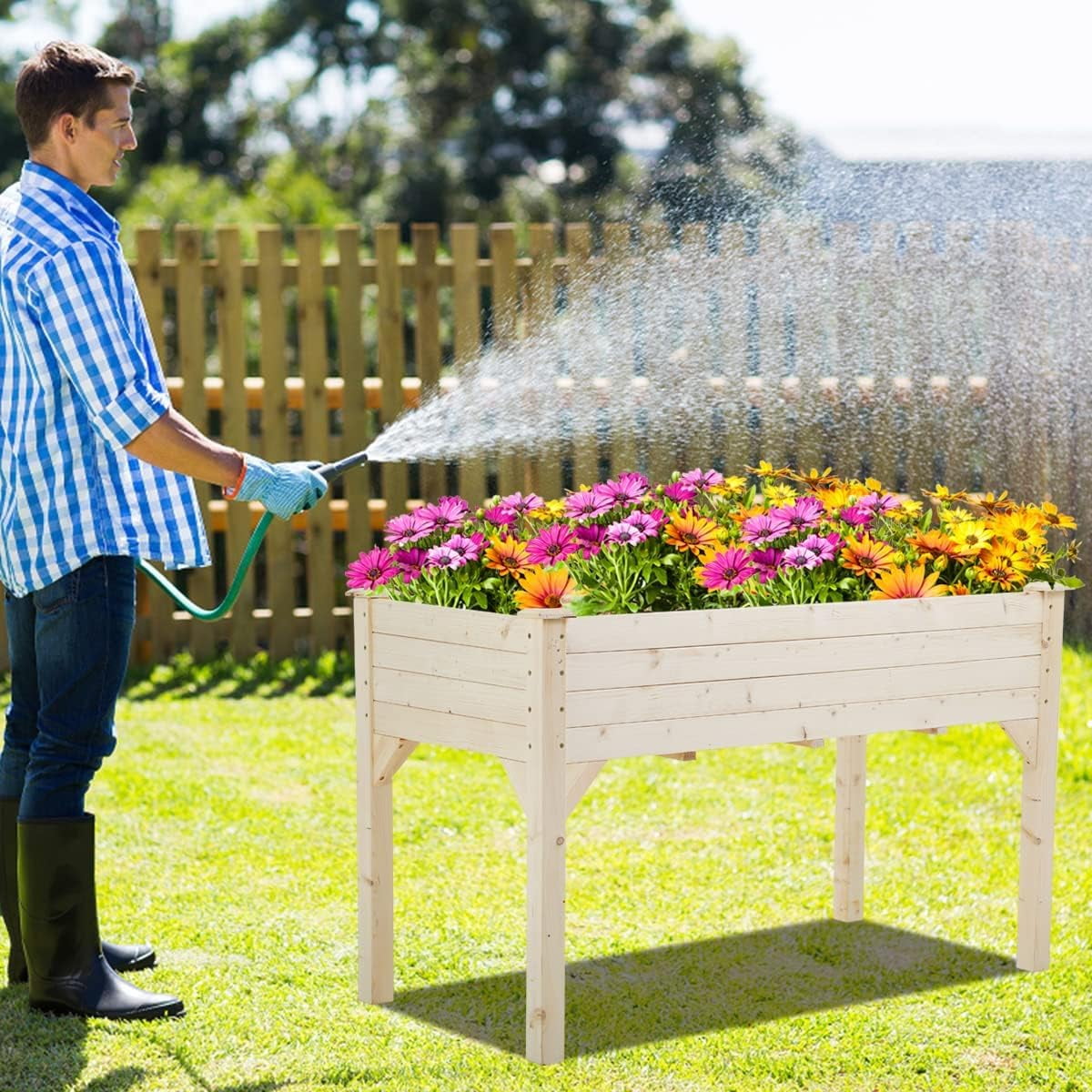 BLKMTY Raised Garden Bed Wooden Outdoor Gardening Planter Box for ...