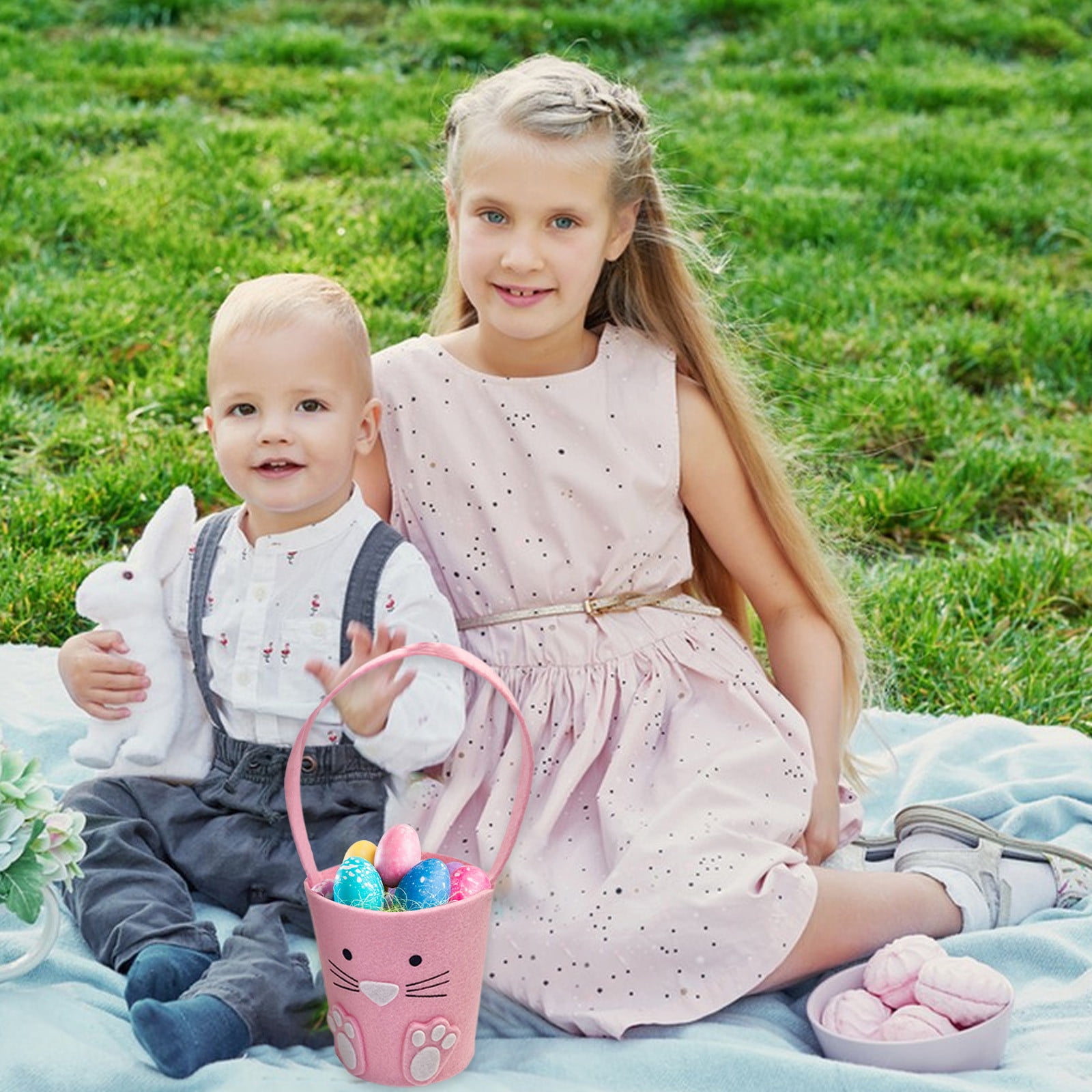 BLNVKOP Easter Bunny Basket with Bow - Sturdy NonWoven Fabric Basket ...