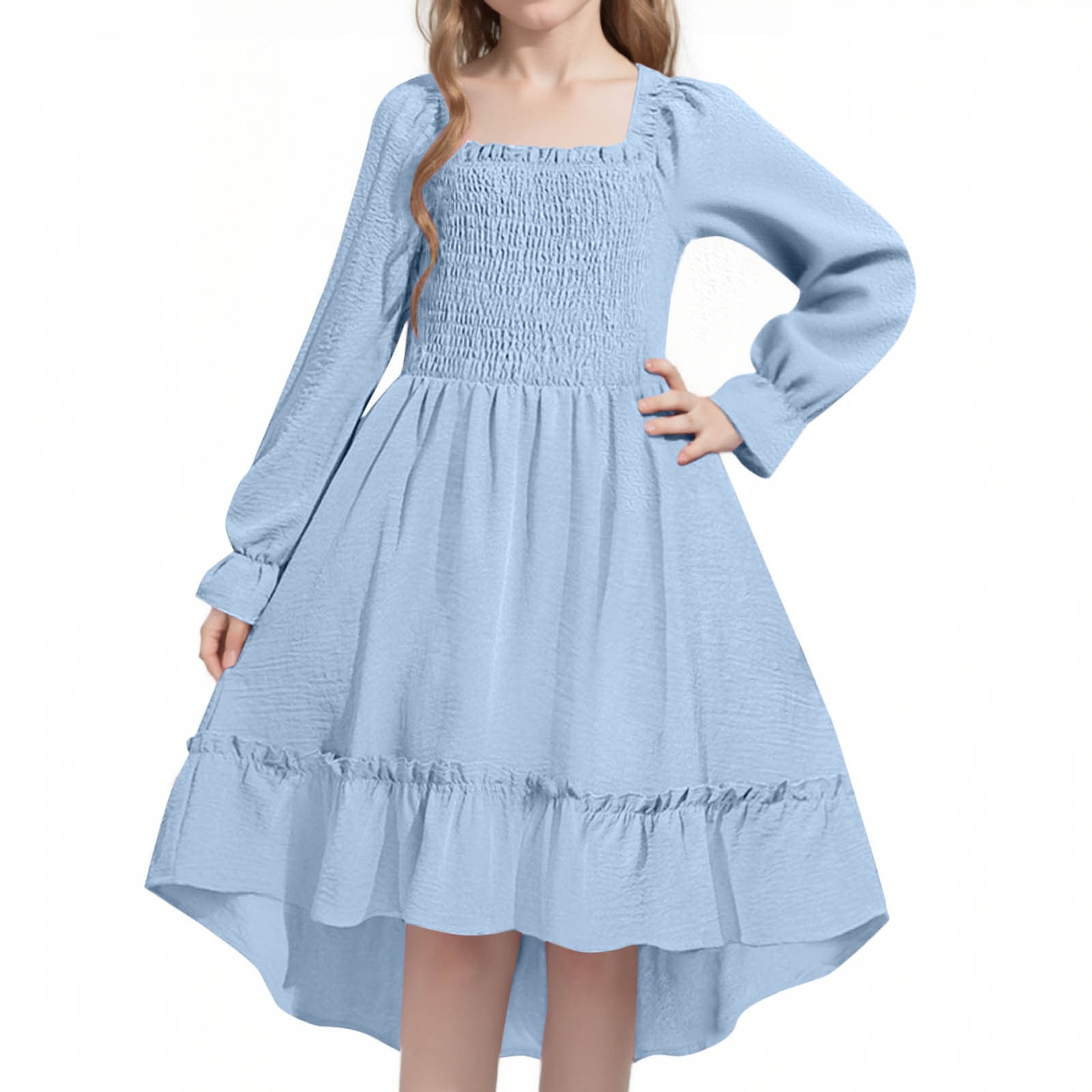 BLNVKOP Girls Solid Color Square Collar Long Sleeve Ruffled Edge Dress ...