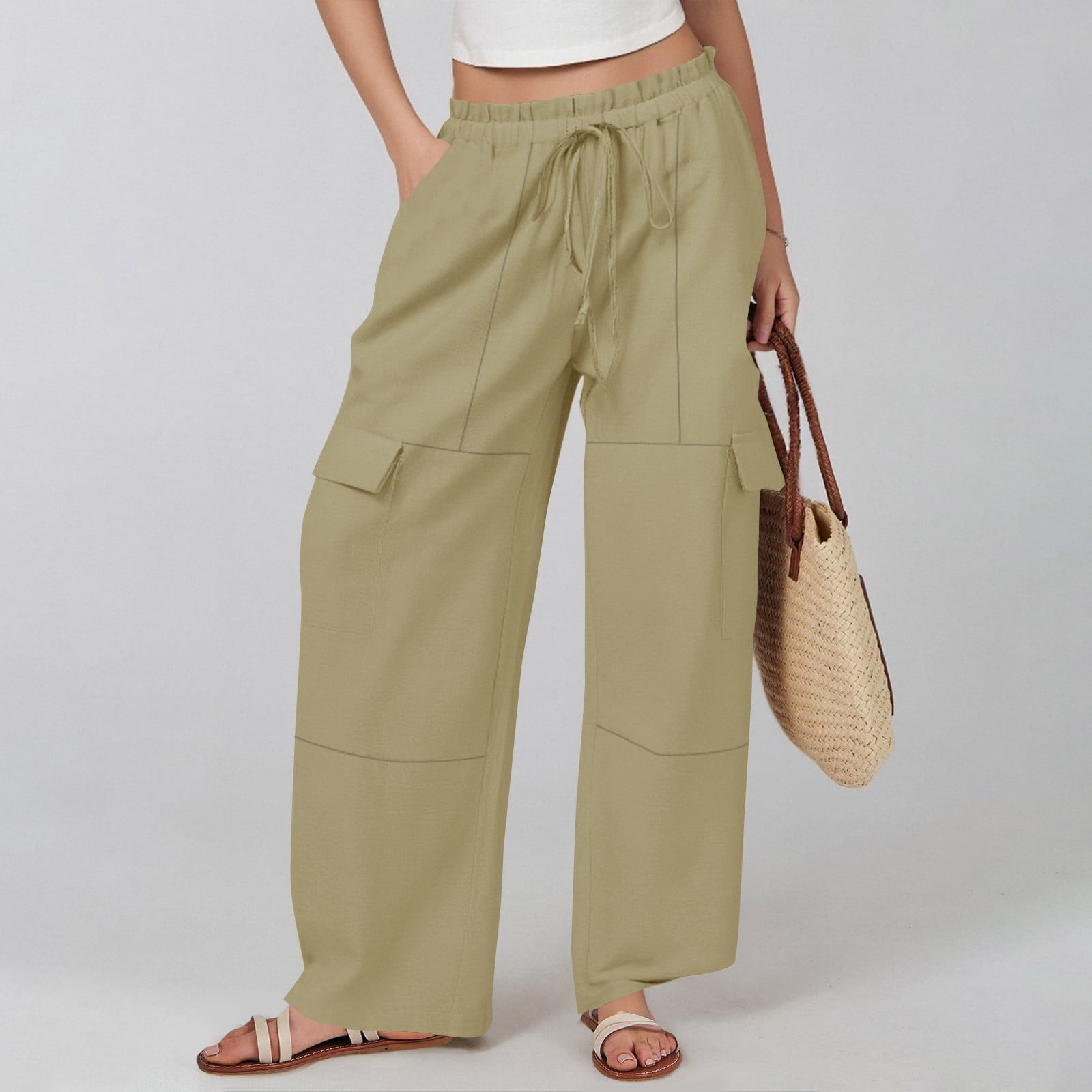 BLOCLOALO Baggy Pants Linen Pants Ladies' Plain Cotton and Linen Loose Drawstring Workwear Wide ...