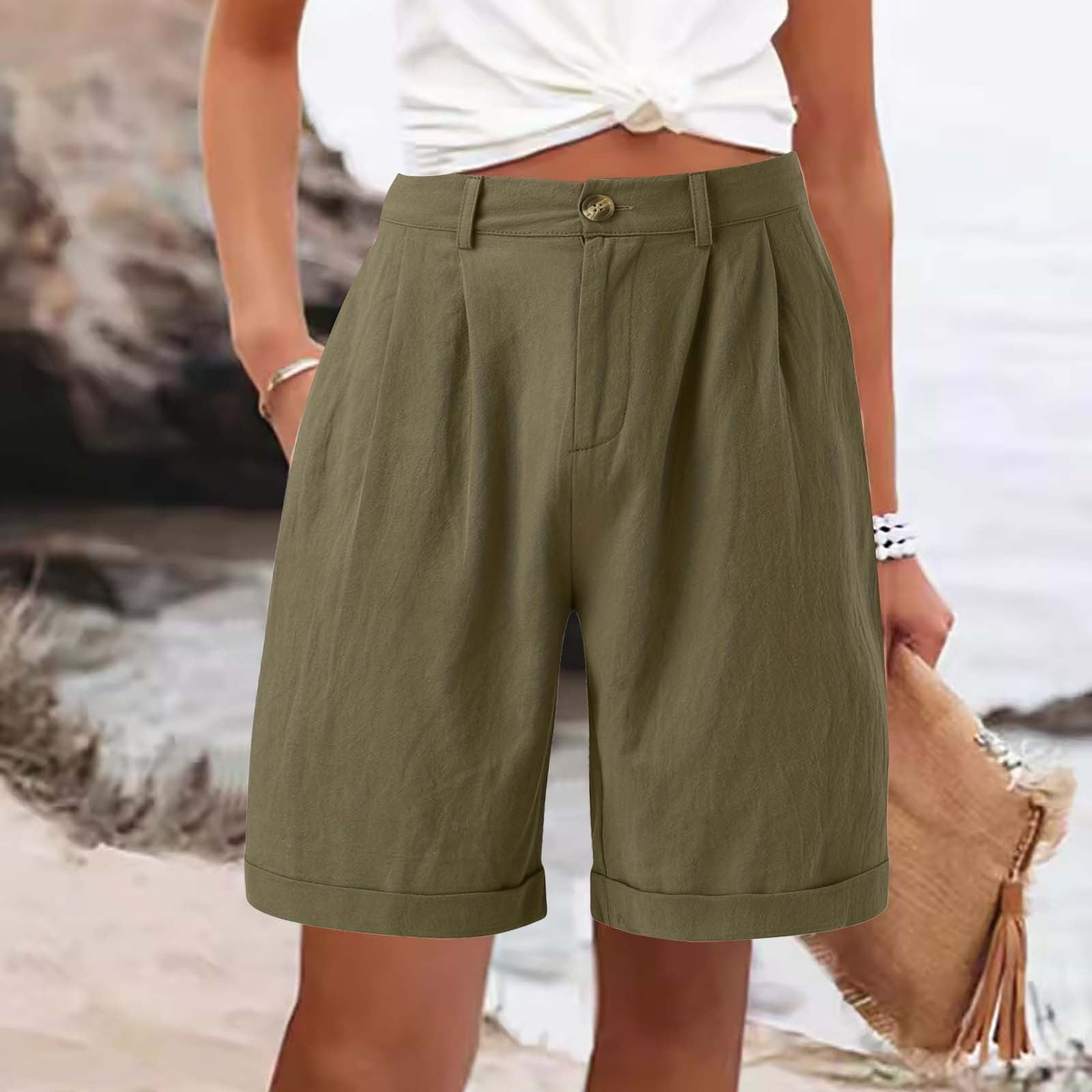 BLOCLOALO Bermuda Shorts Cotton Linen Shorts Linen Shorts Summer High ...