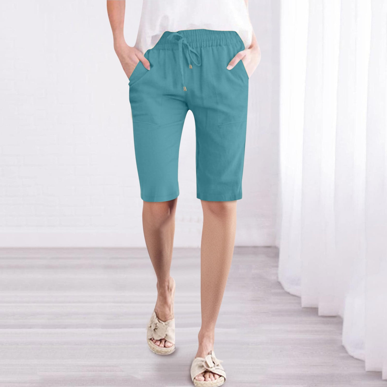 BLOCLOALO Bermuda Shorts Lounge Shorts Linen Pants for Women 2025 Cotton Casual Summer High ...