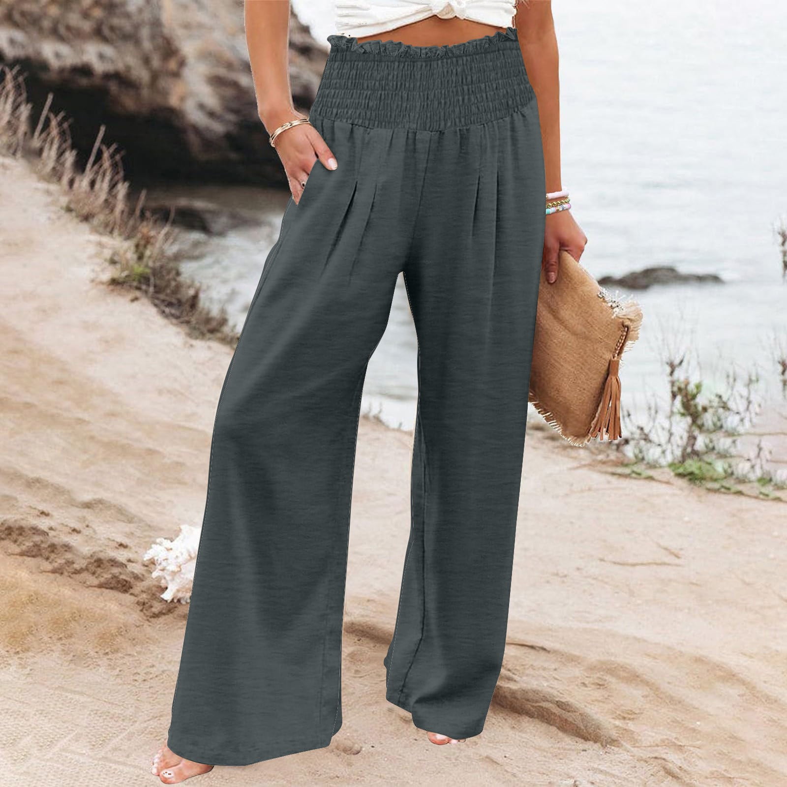 BLOCLOALO Cotton Linen Pants Linen Pants High Waist Wide Leg Palazzo Pants for Women Smocked ...