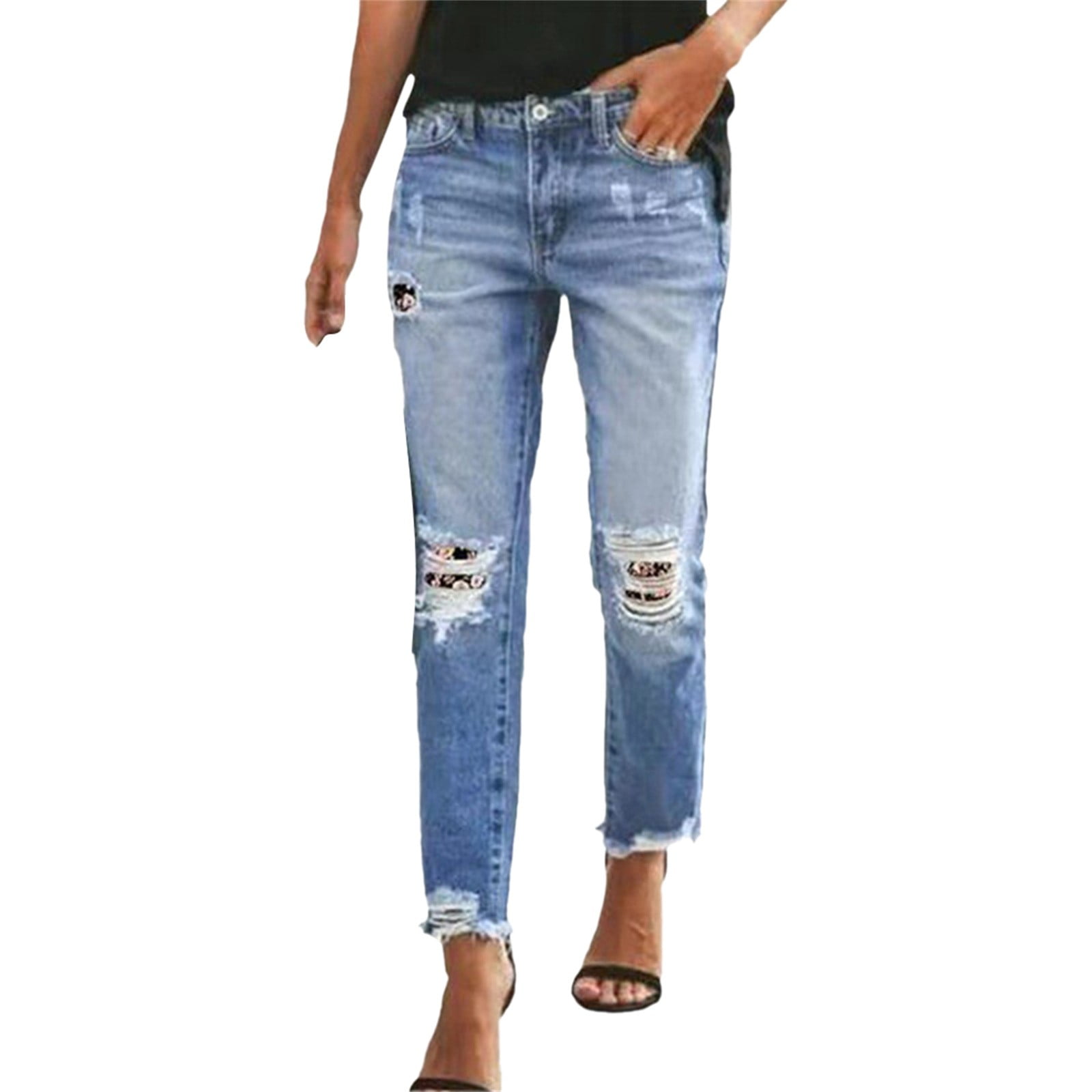 BLOCLOALO Cropped Jeans Denim Pants Women Distressed Hem Washed ...