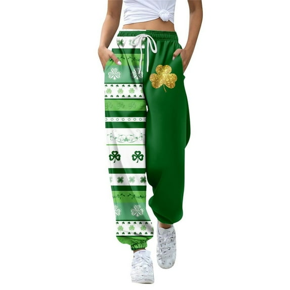 BLOCLOALO Green Clover Print Pants Drawstring Running Workout Pants ...