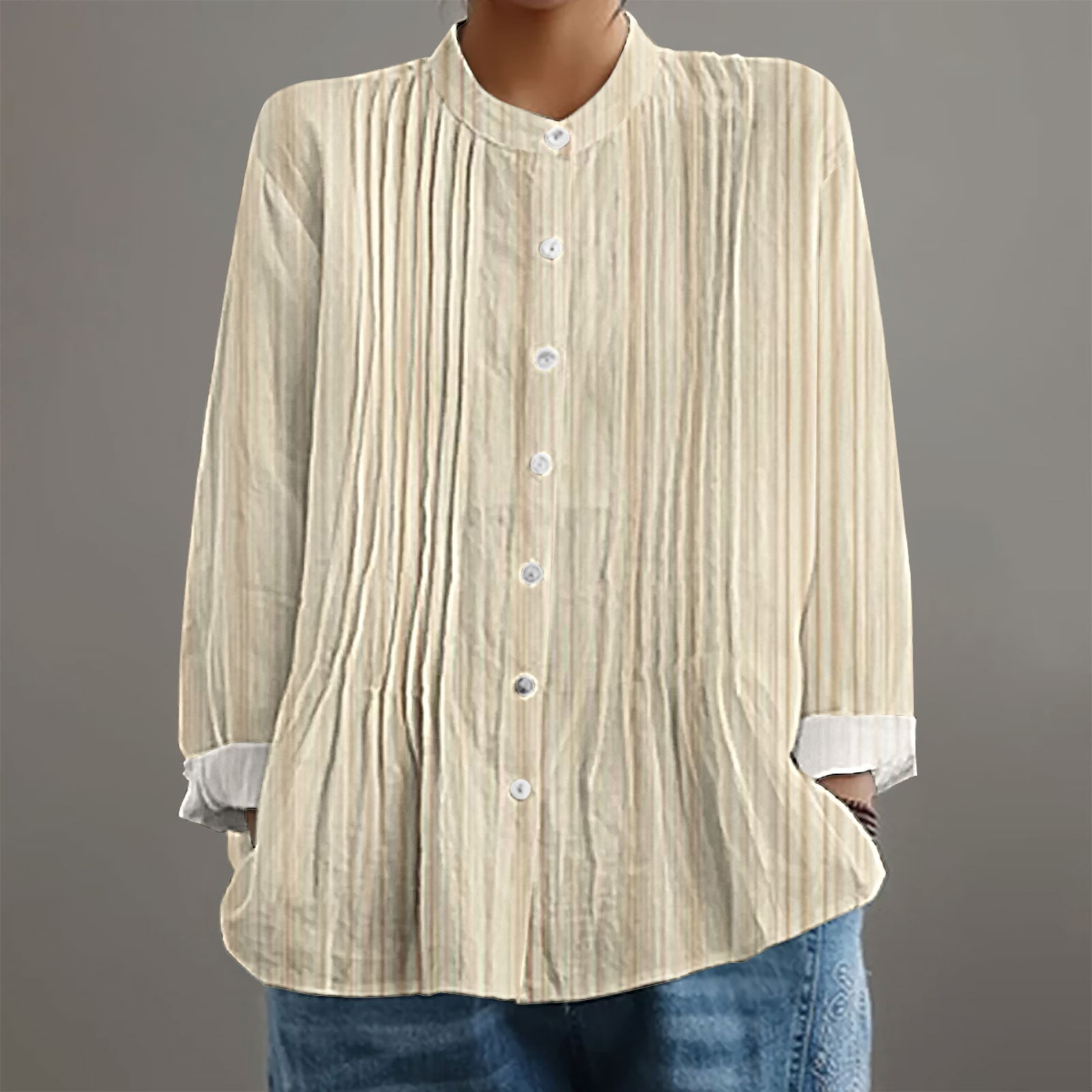 BLOCLOALO T-Shirts Button Down Shirts Pleated Shirt Front Pleats Soft Linen Like Fabric Easy ...