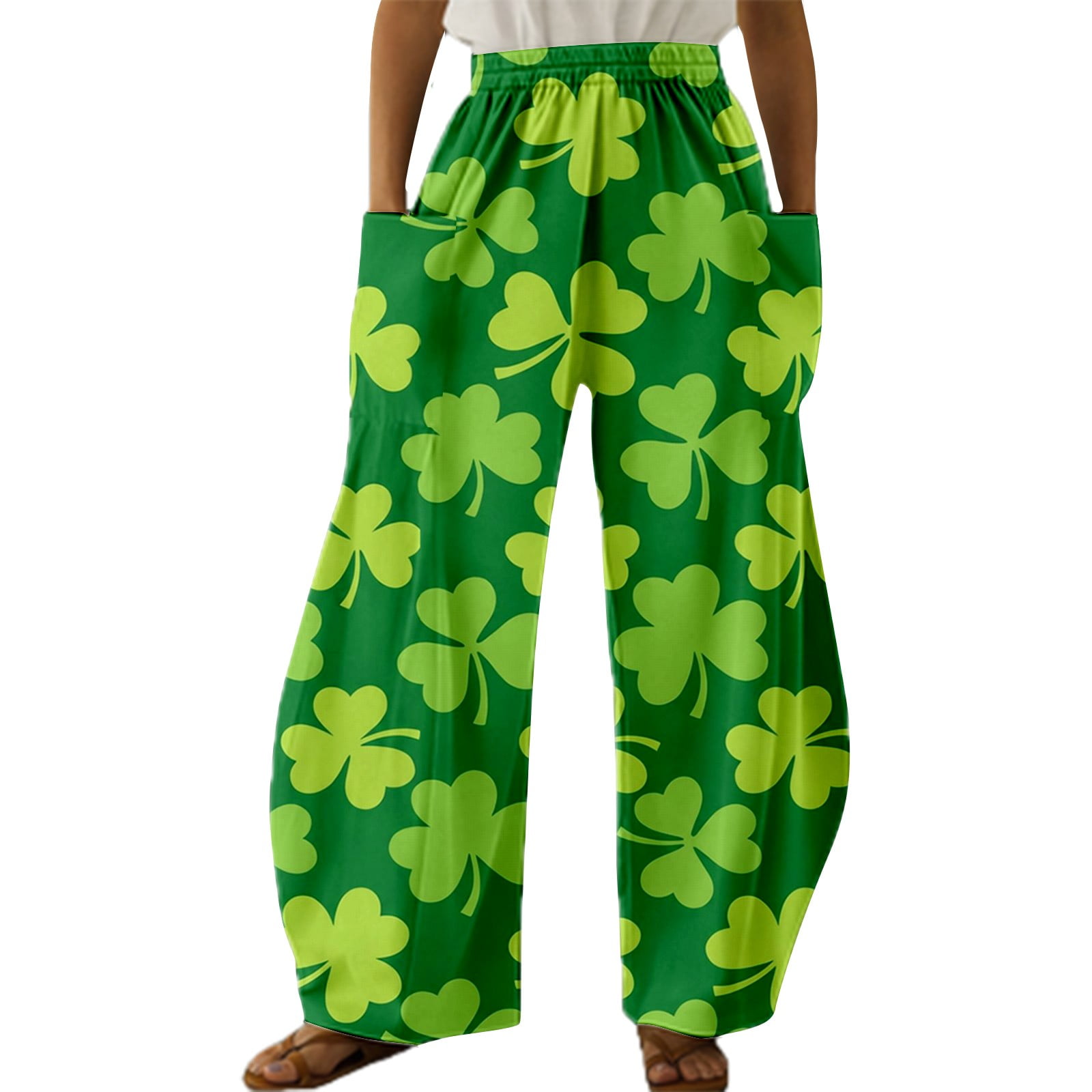 BLOCLOALO White Green Trousers Clover Pants Trendy Bottoms Wide Leg ...