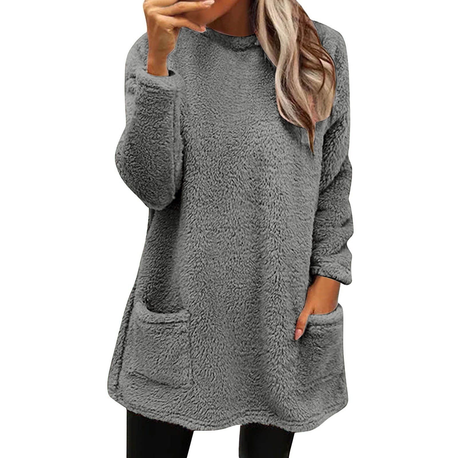 BLOCLOALO Women's Fuzzy Sherpa Sweatshirt, Long Sleeve Round Neck Tunic ...