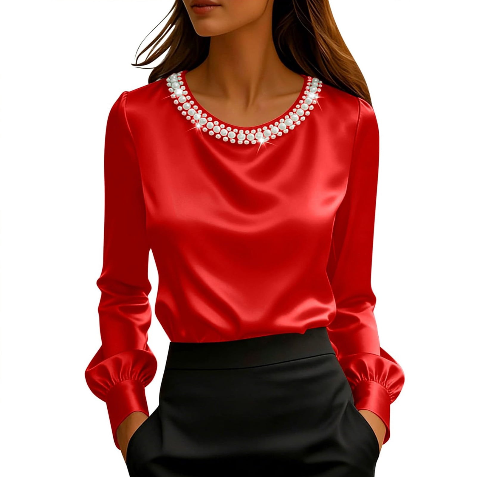 BLOCLOALO Women's Satin Shirts Pearl Crewneck Long Sleeve Blouses ...