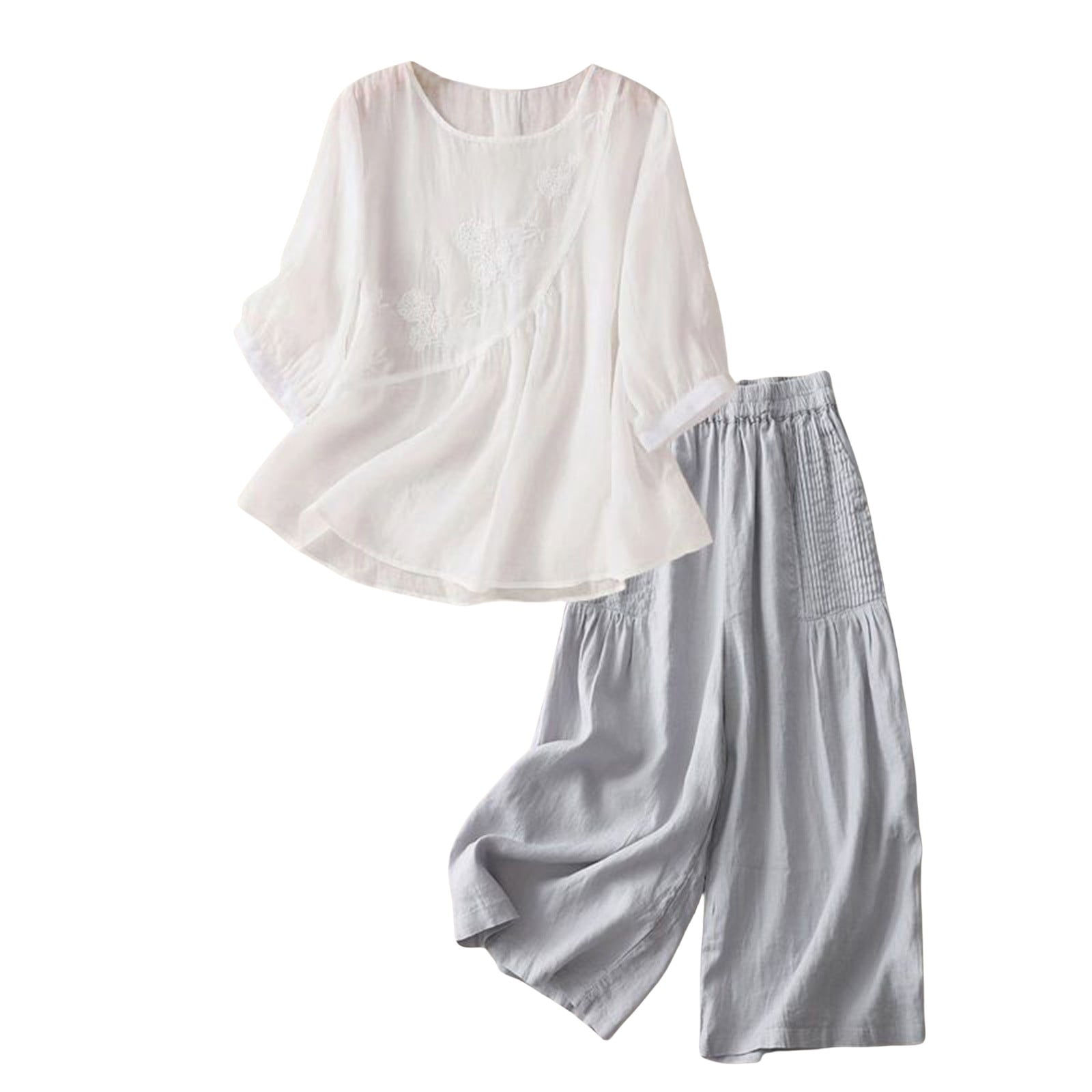 BLOCLOALO Womens 2 Piece Embroidered Linen Sets Women Linen Outfits ...