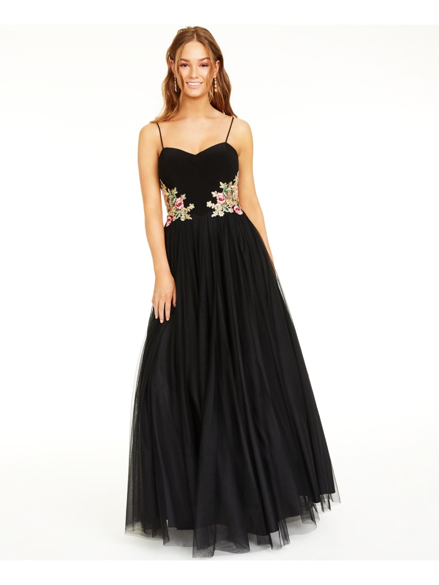 BLONDIE NITES Womens Black Patterned Spaghetti Strap Sweetheart ...