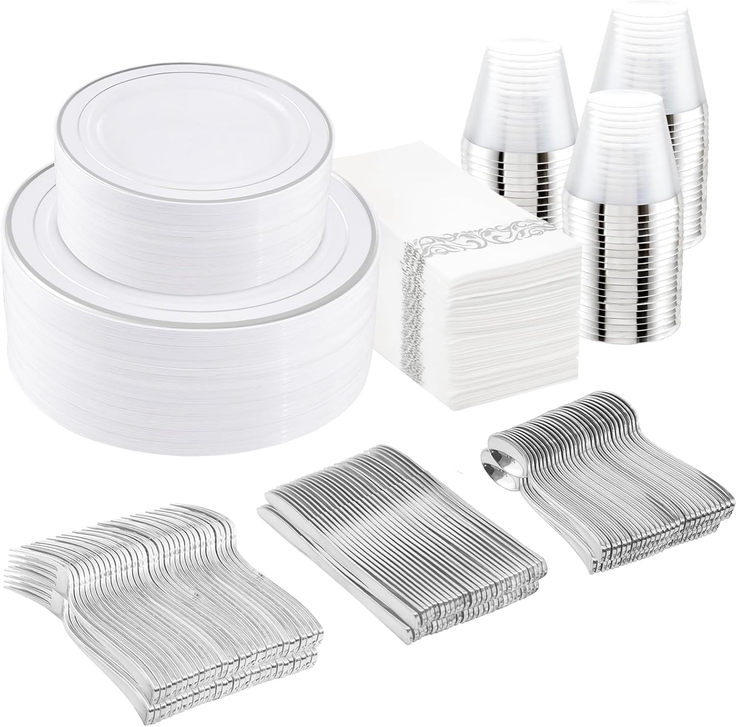 BLOOM 350Pcs Silver Plastic Dinnerware Set, Plastic Plates Disposable ...