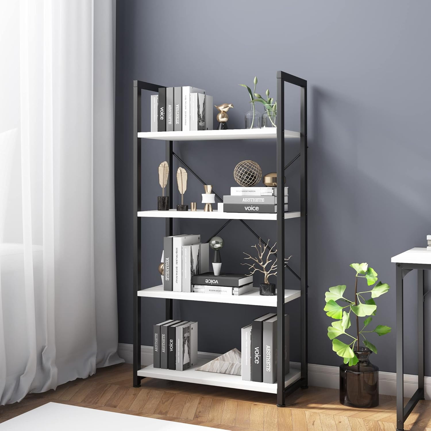 BLOOM Book Shelf White, Tall 4 Tier Bookshelf, Industrial Shelving Unit ...