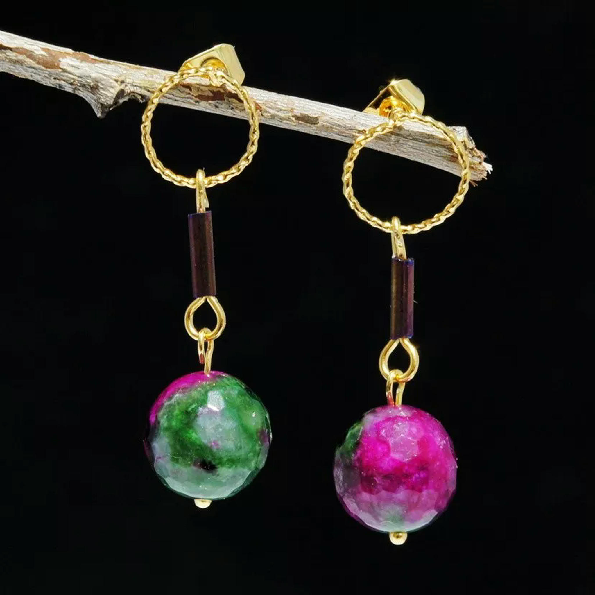 BLOPQ 18K-Gold-plated Handmade Natural Red Green Gem White Gold Plated ...