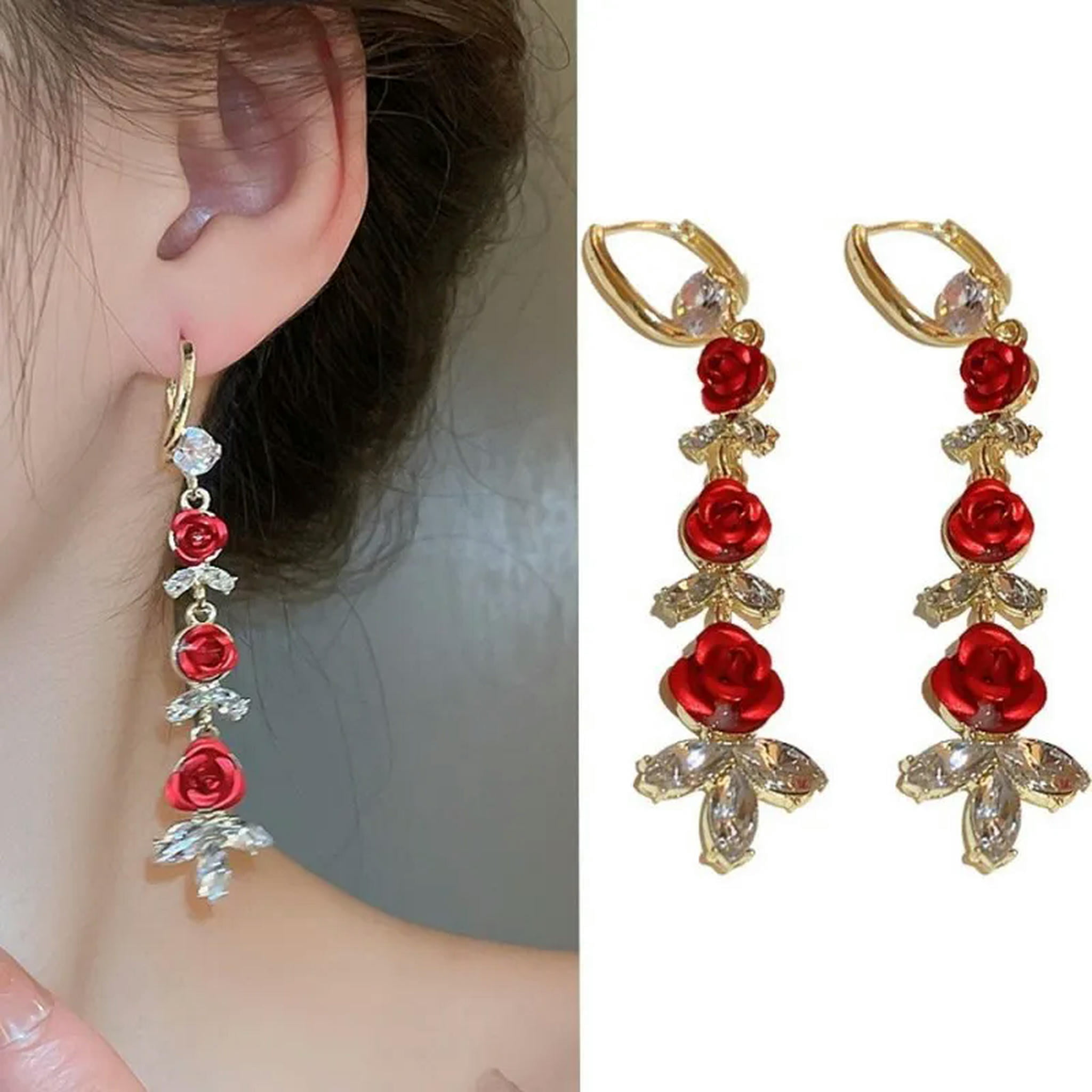 BLOPQ 925 Silver Zircon Rose Flower Tassel Earrings Stud Drop Dangle ...