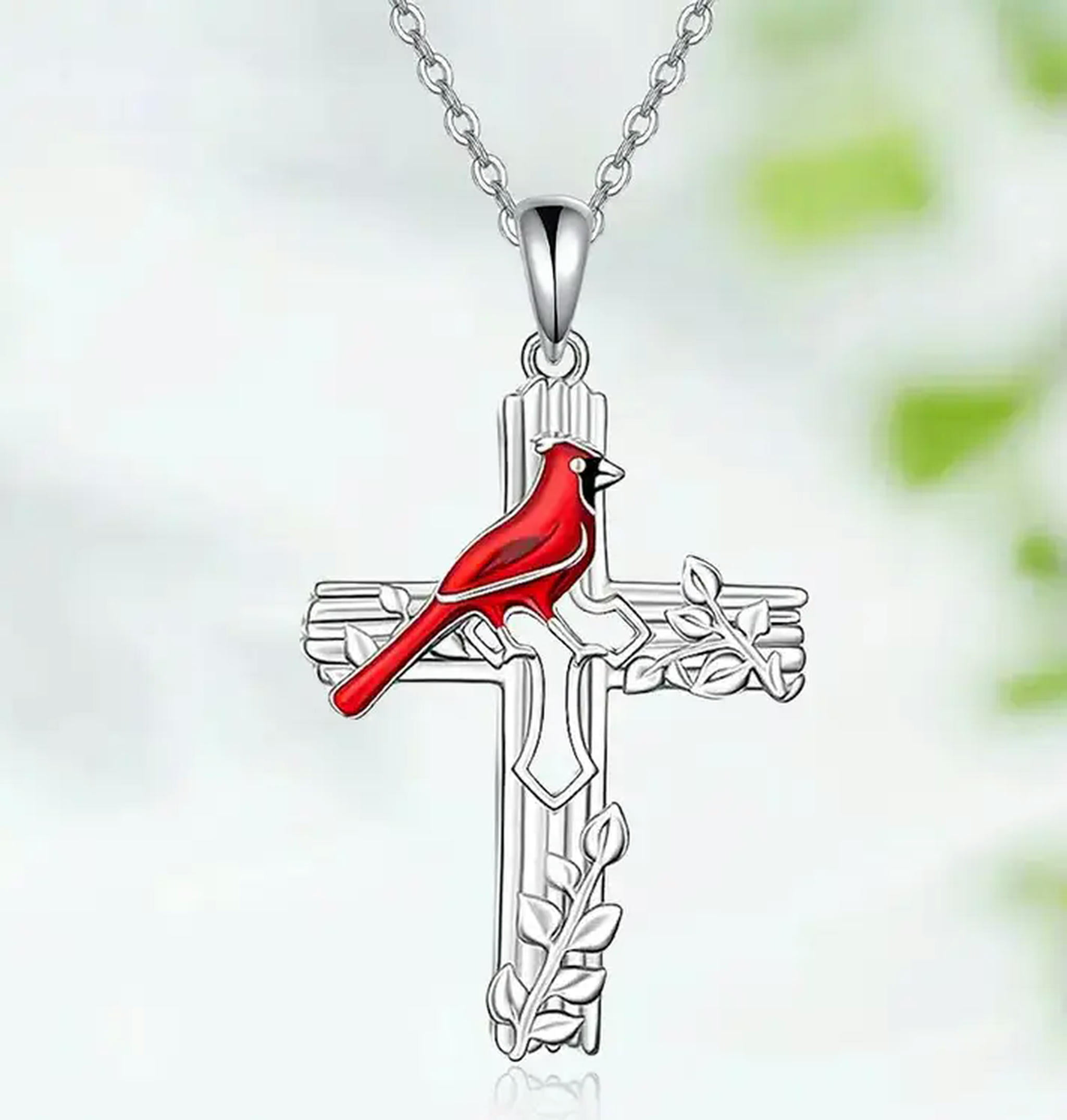 BLOPQ Red Bird Pendant Necklace Cardinals Cross Silver Color Women Men ...