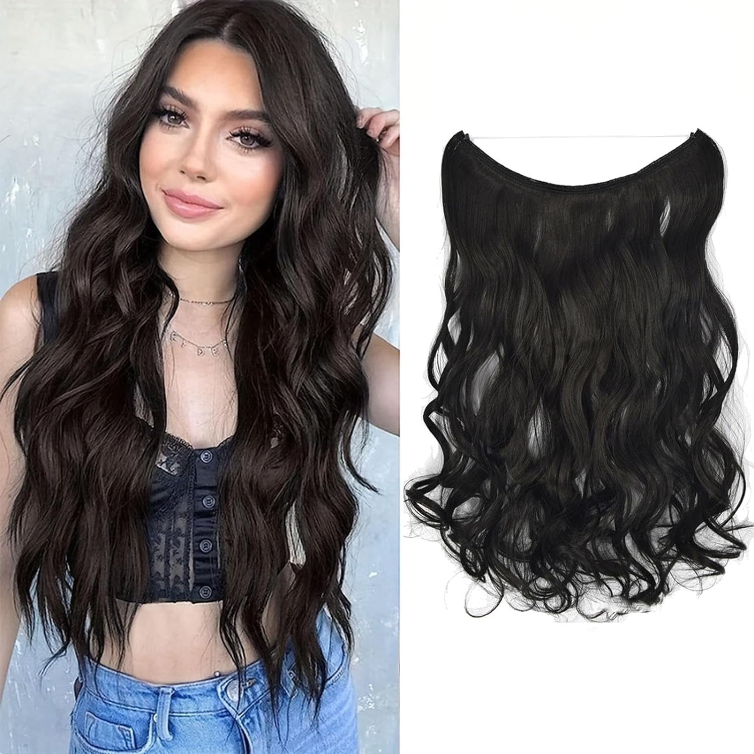 BLSCODE Invisible Wire Hair Extensions Highlights Wavy Curly Long ...