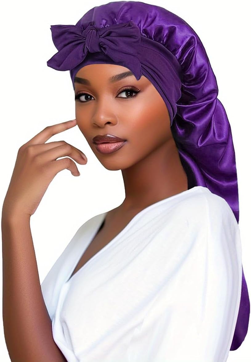 BLSCODE Long Satin Braids Bonnets for Women Adjustable Sleeping Cap Elastic Silk Braid Bonnets ...