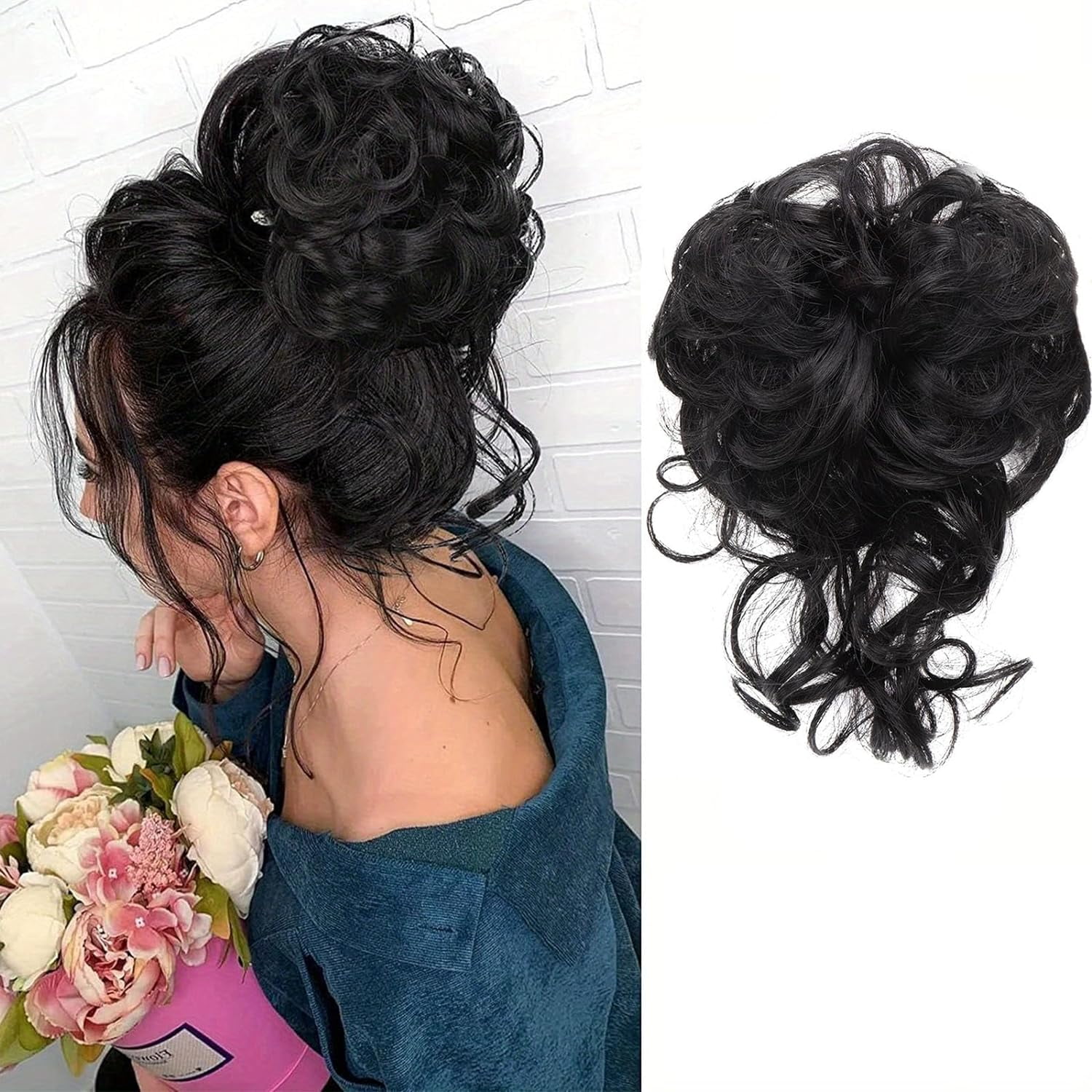 BLSCODE Messy Hair Bun Hair Scrunchies Extension Curly Wavy Messy ...