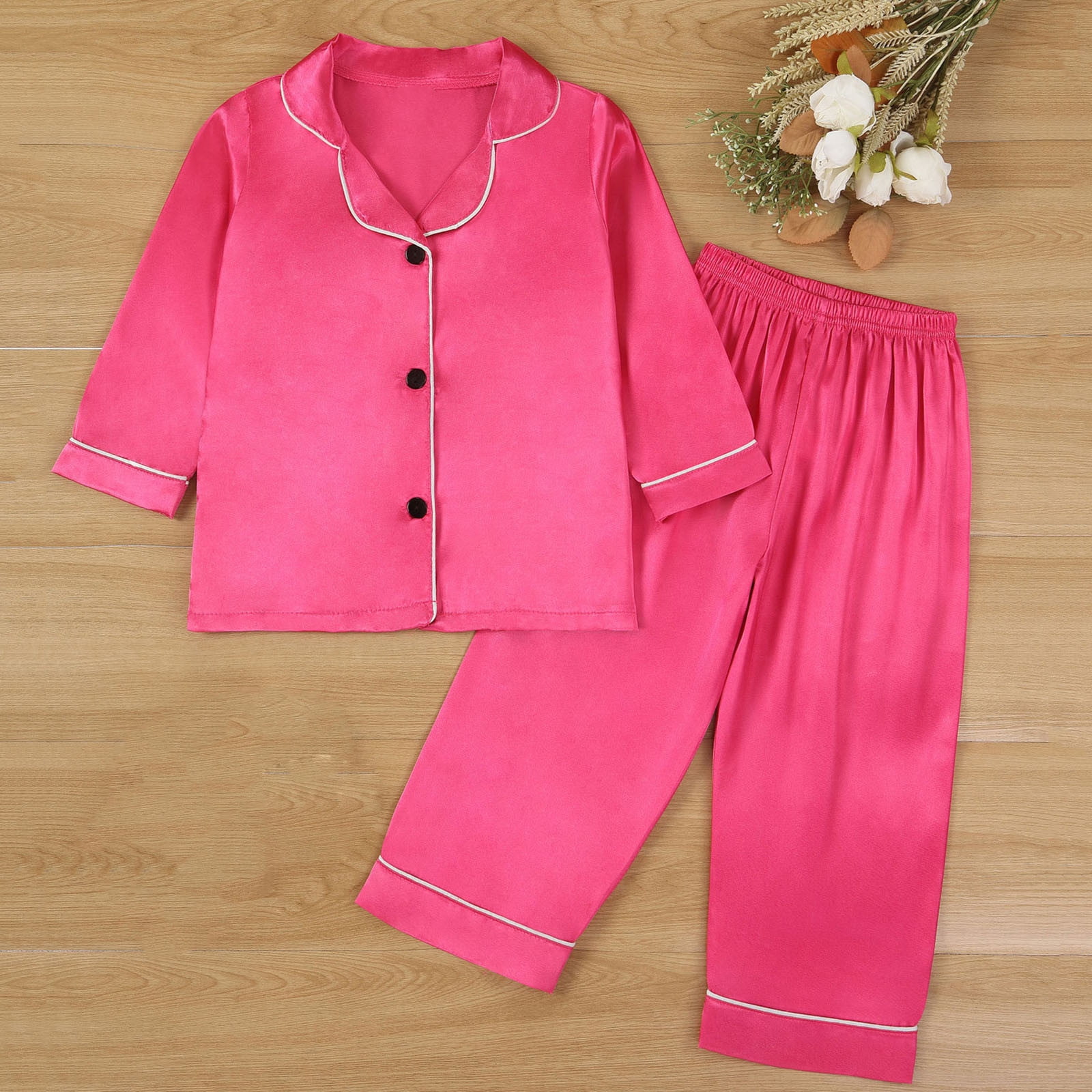 BLTIBY 2025 Baby Girls Boys Silk Pajamas Set Solid Color Long Sleeve ...
