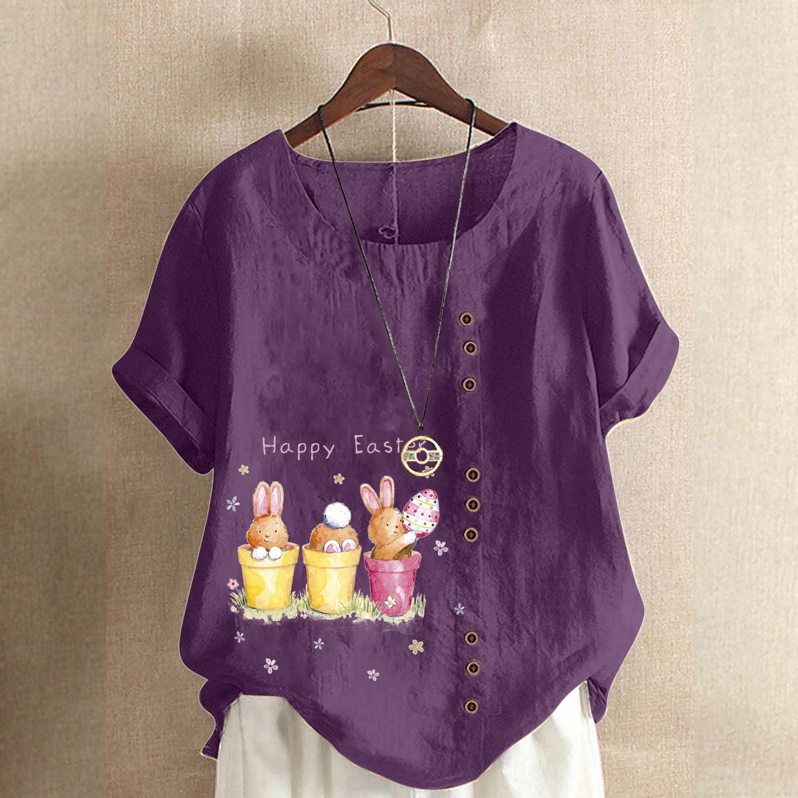 BLTIBY 2025 Cotton Linen Tops for Women Easter Printed Crewneck Roll Up ...