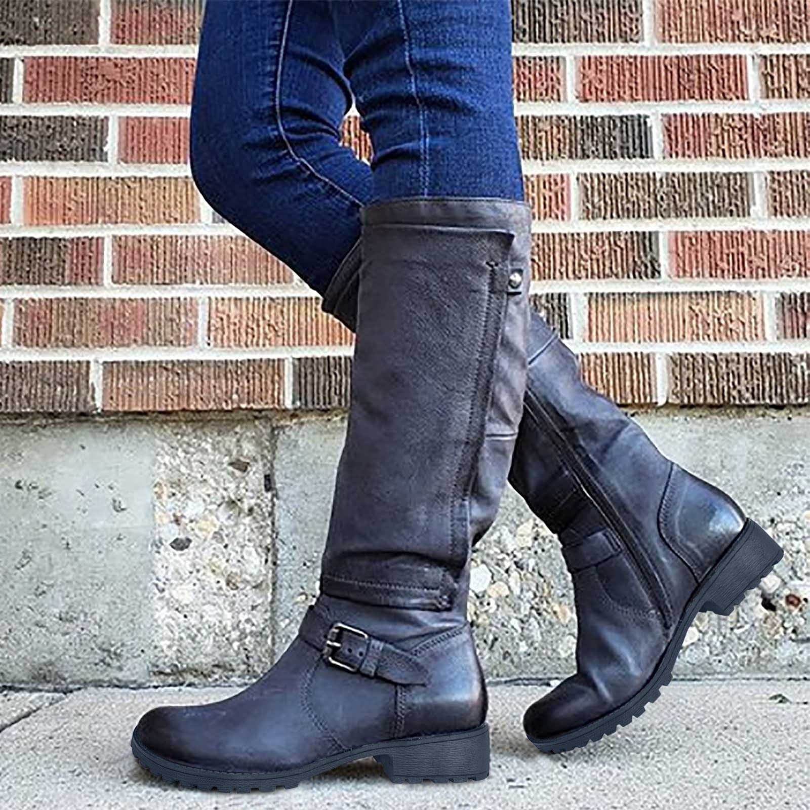 BLTIBY 2025 Long Boots for Women Pointed Toe Fall Faux Leather Low Heel ...