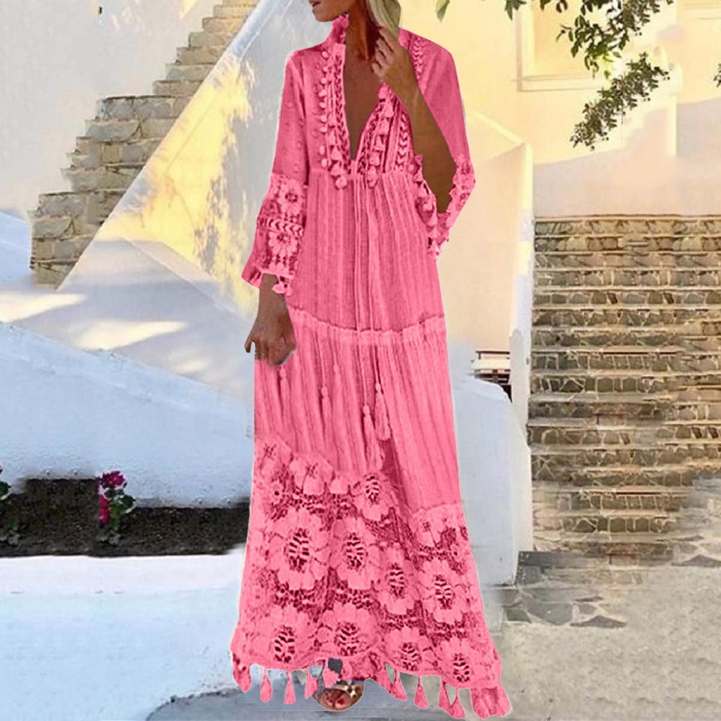 BLTIBY 2025 Women Boho Maxi Dresses Long Sleeve Summer Bohemian Solid ...
