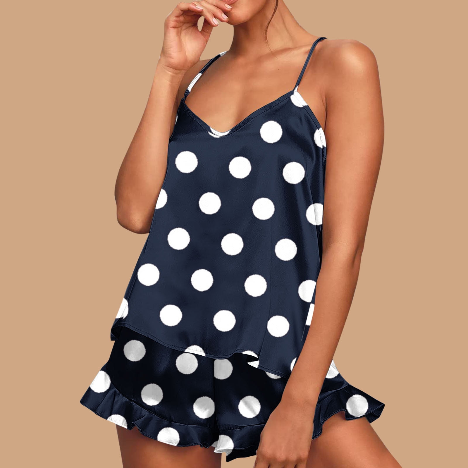 BLTIBY 2025 Women Nightgown Sets Polka Dot Printed V Neck Adjustable ...