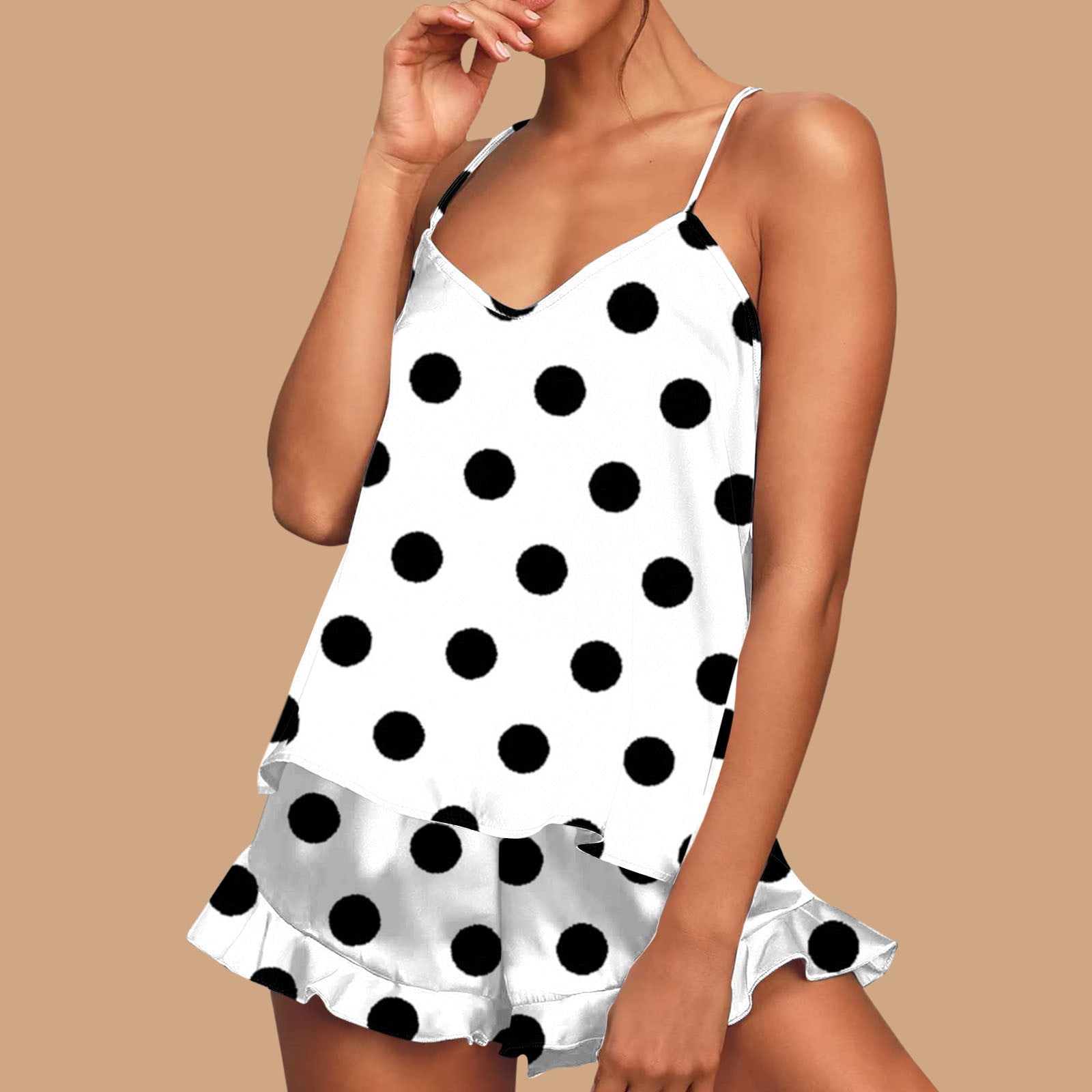 BLTIBY 2025 Women Nightgown Sets Polka Dot Printed V Neck Adjustable ...