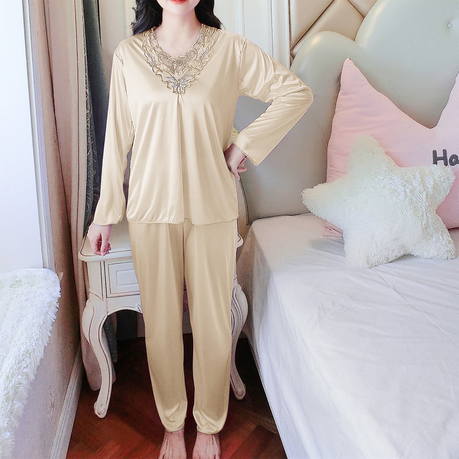 BLTIBY 2025 Women's Long Sleeve Satin Pajama Sets Lace Silky Ladies ...