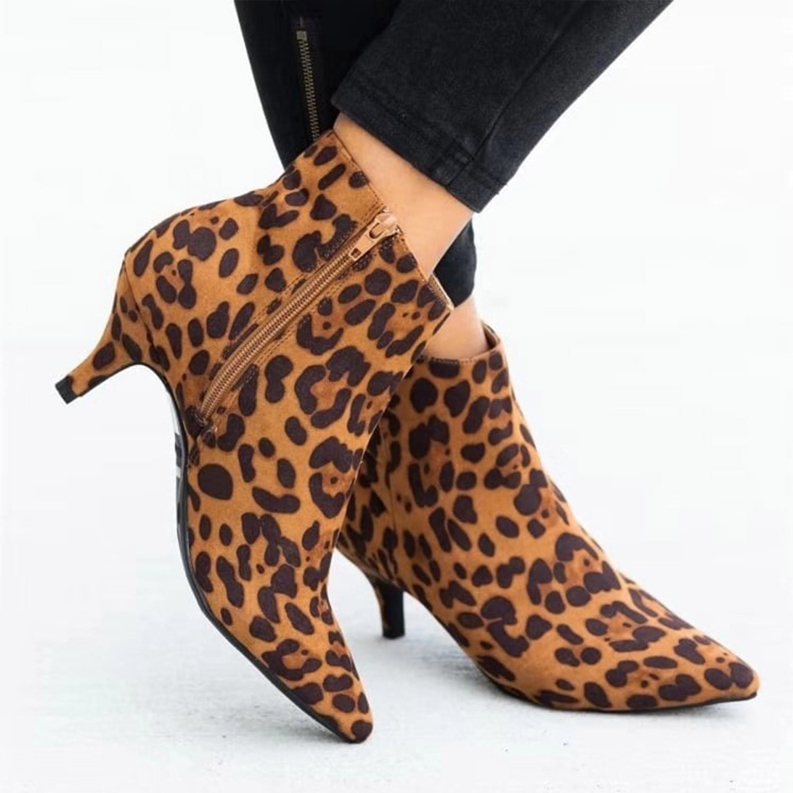 BLTIBY 2025 Womens Ankle Boots Leopard Printed Pointed Toe Chunky ...