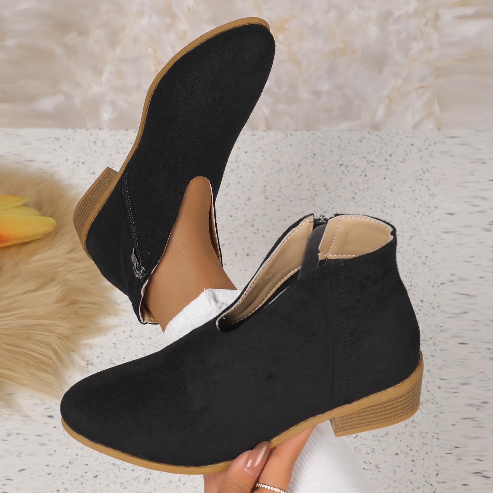 BLTIBY 2025 Womens Ankle Boots Solid Color Pointed Toe Chunky Stacked Mid Heel V Booties Fashion ...