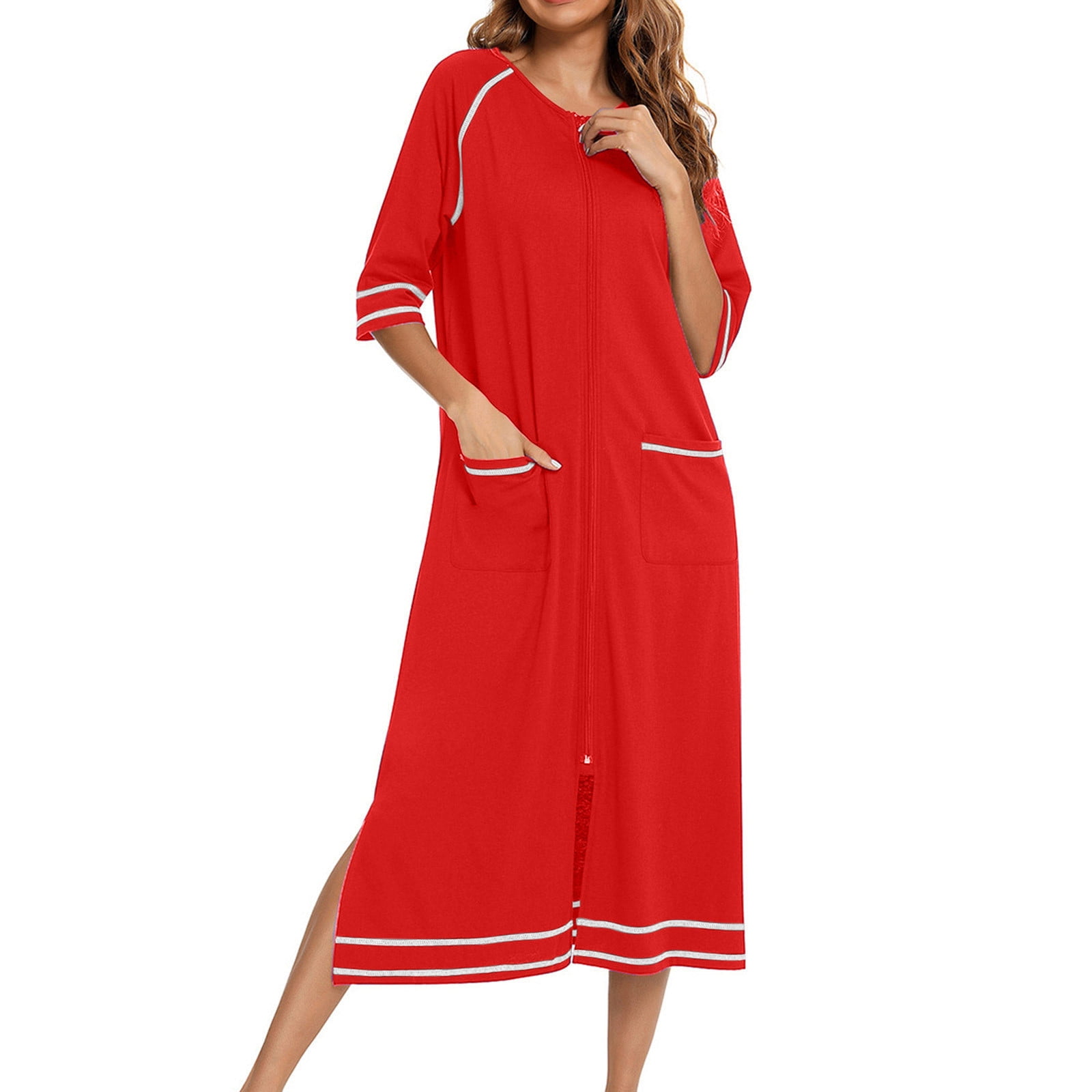 BLTIBY 2025 Womens Zipper Robes Solid Color 3/4 Sleeve Loungewear Dress ...