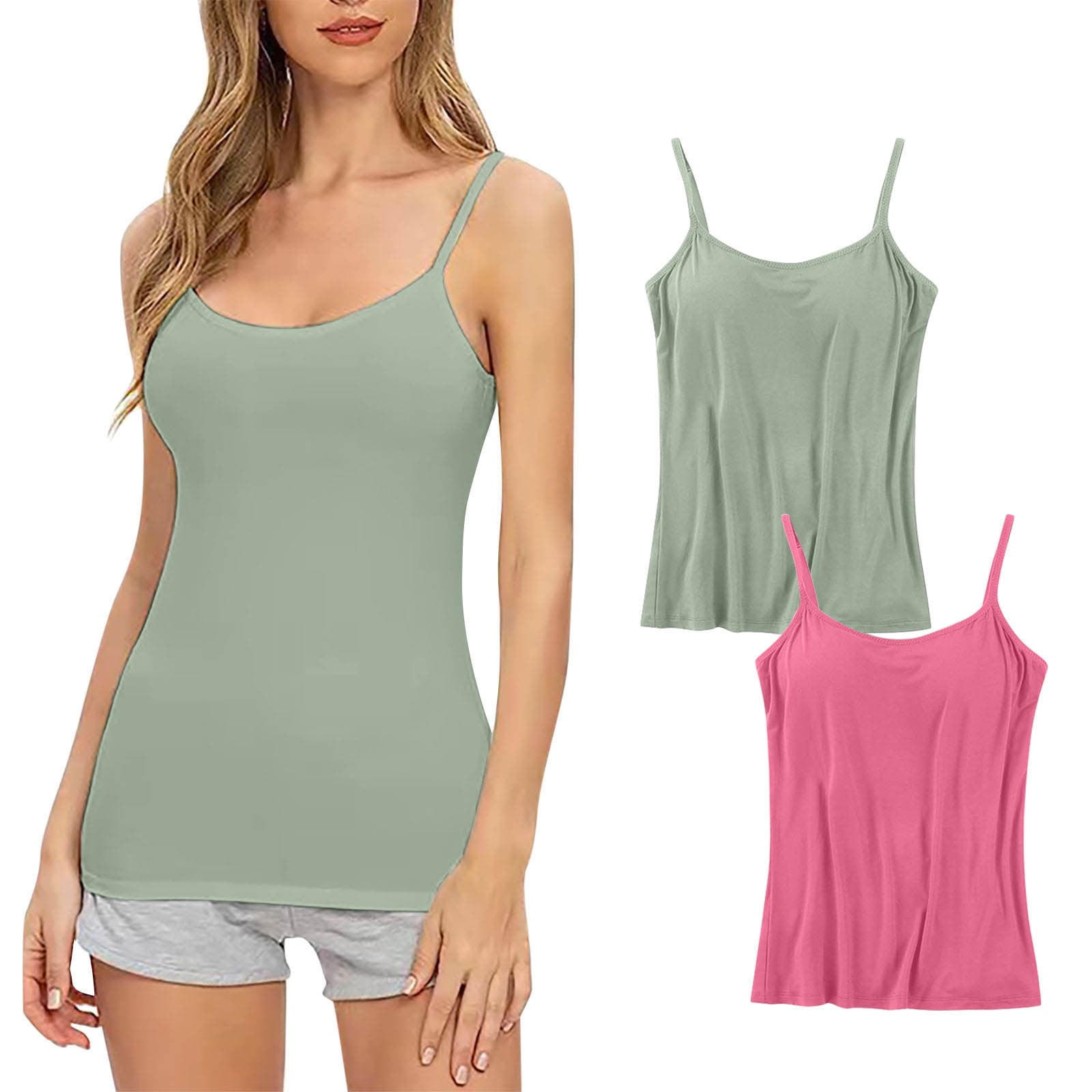 BLTIBY 2PCS Women Tank Top Solid Color Sleeveless Underwear with Bra ...