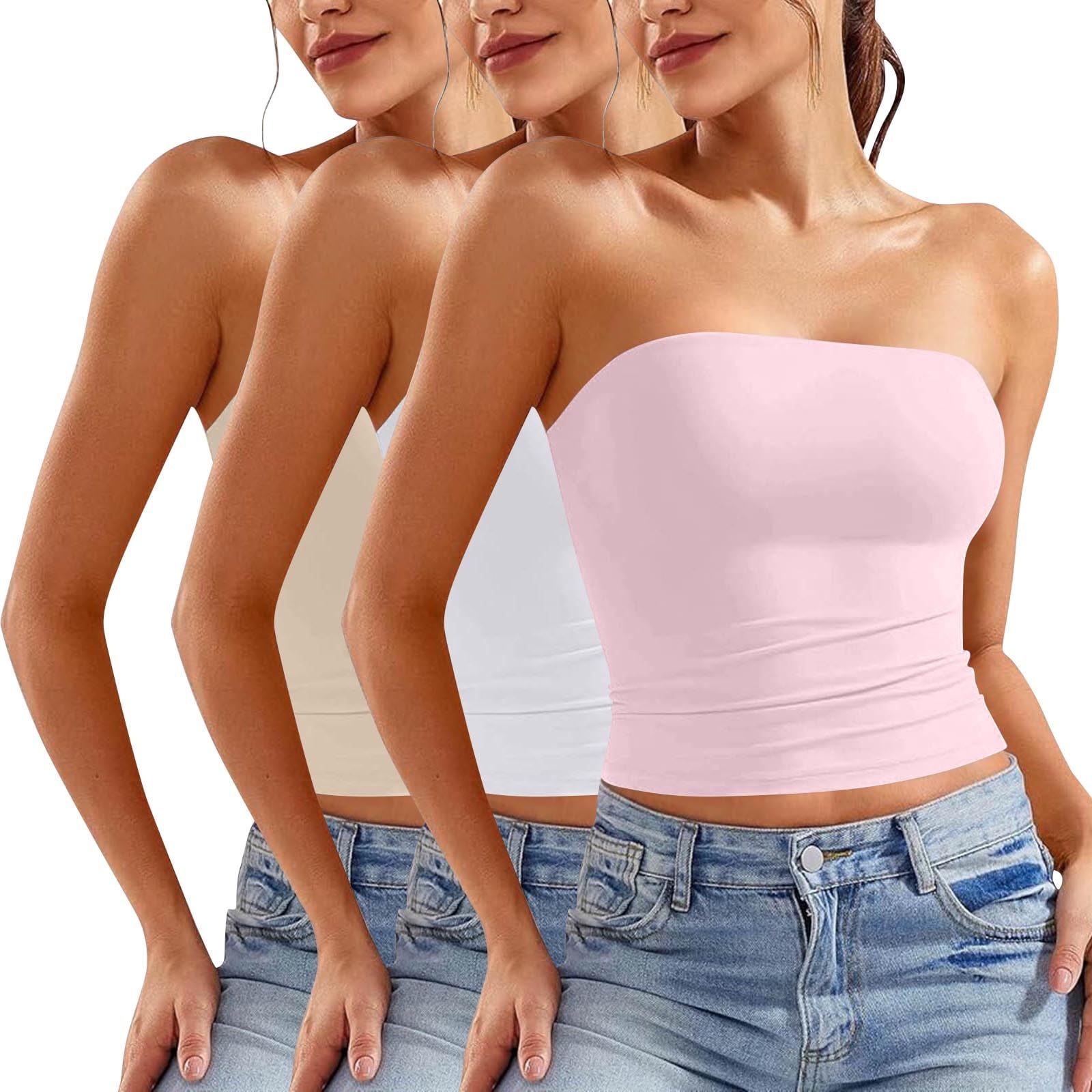 BLTIBY 3 Pcs Women's Tube Top Solid Color Strapless Crop Length Slim ...