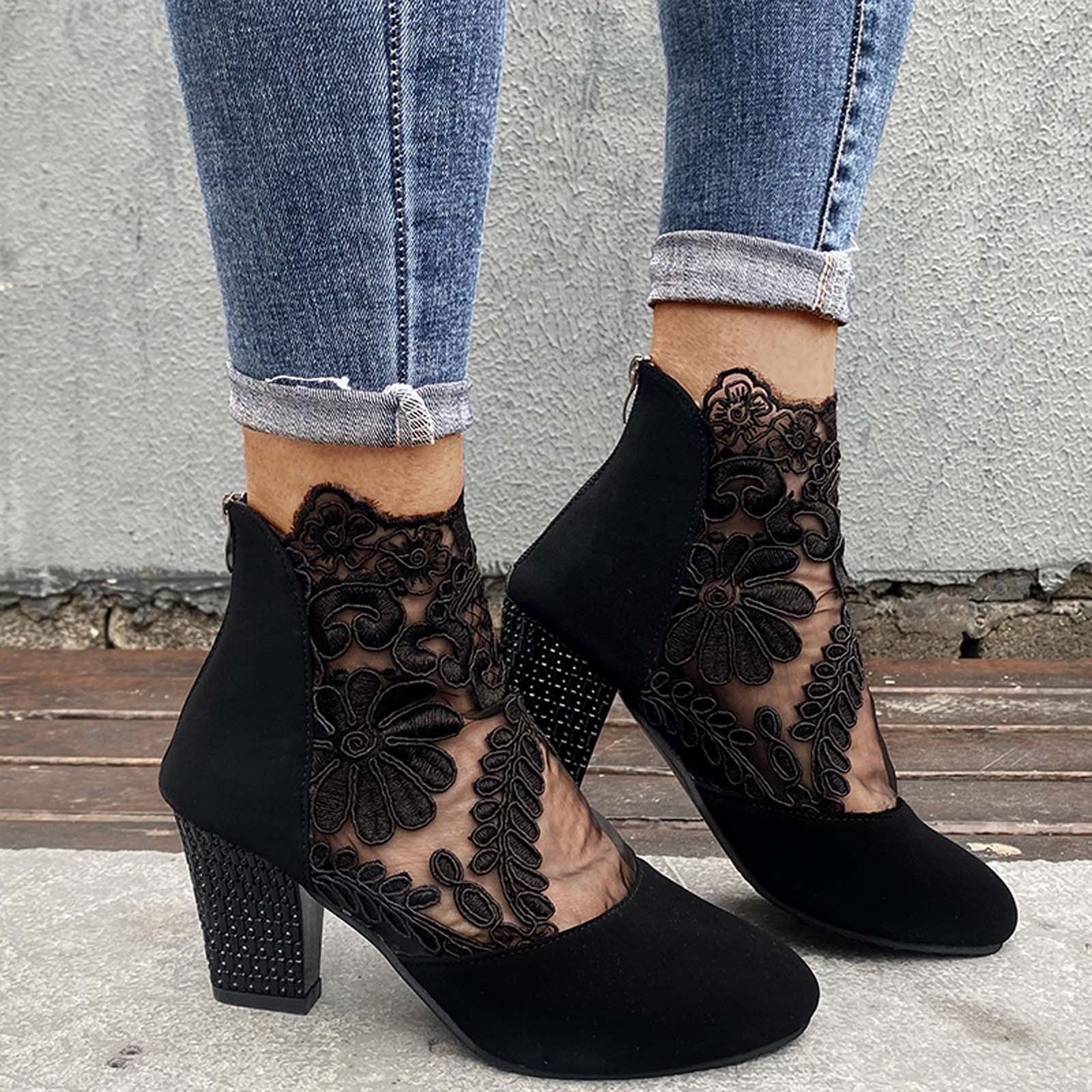BLTIBY Ankle Booties for Women Back Zipper Chunky Heel Summer Dress ...