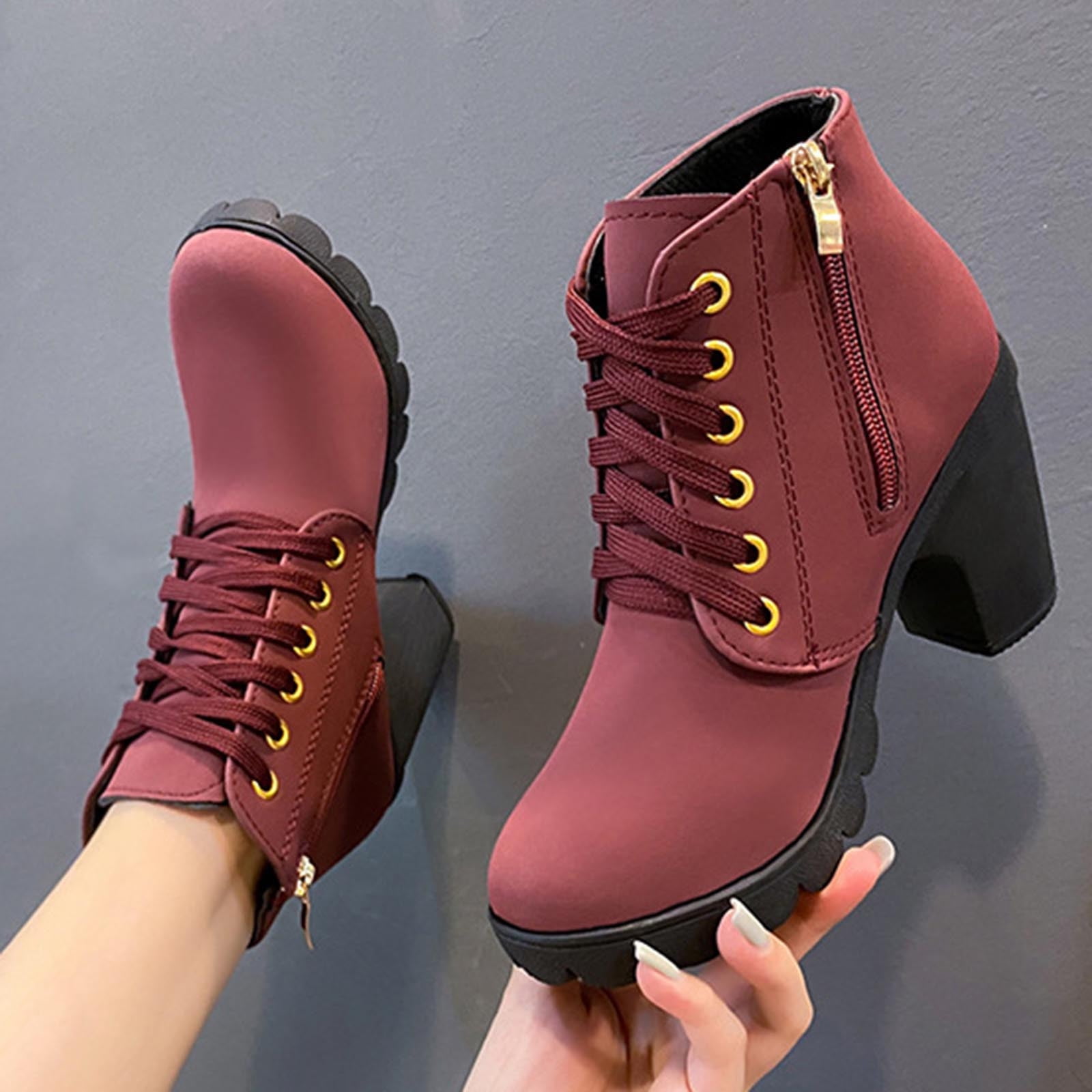 BLTIBY Ankle Boots for Women Chunk Block Heel Lace Up Waterproof Buckle ...